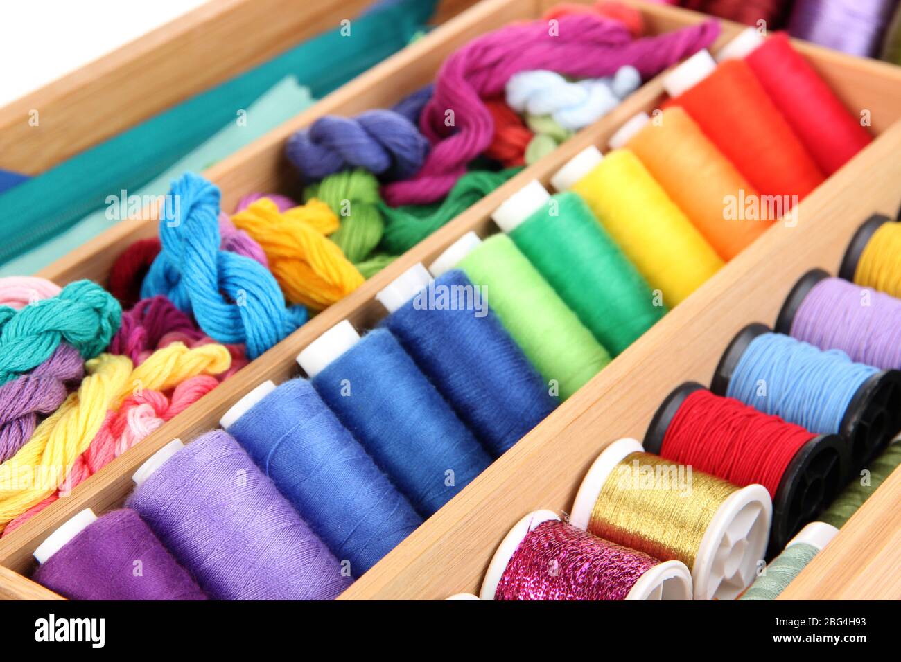 Colorful threads for needlework in wooden box close up Stock Photo - Alamy