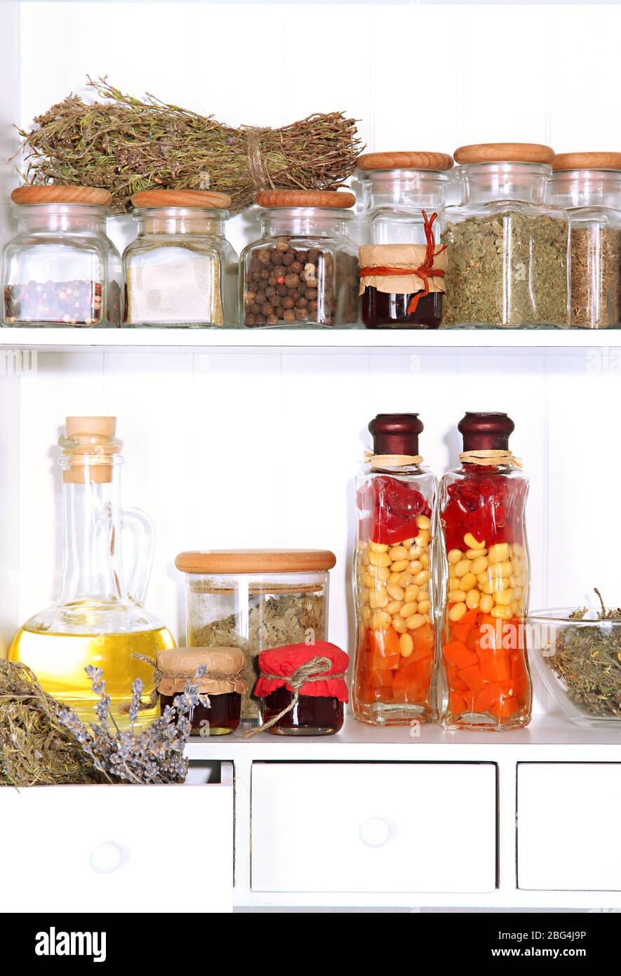 Variety spices on kitchen shelves Stock Photo - Alamy