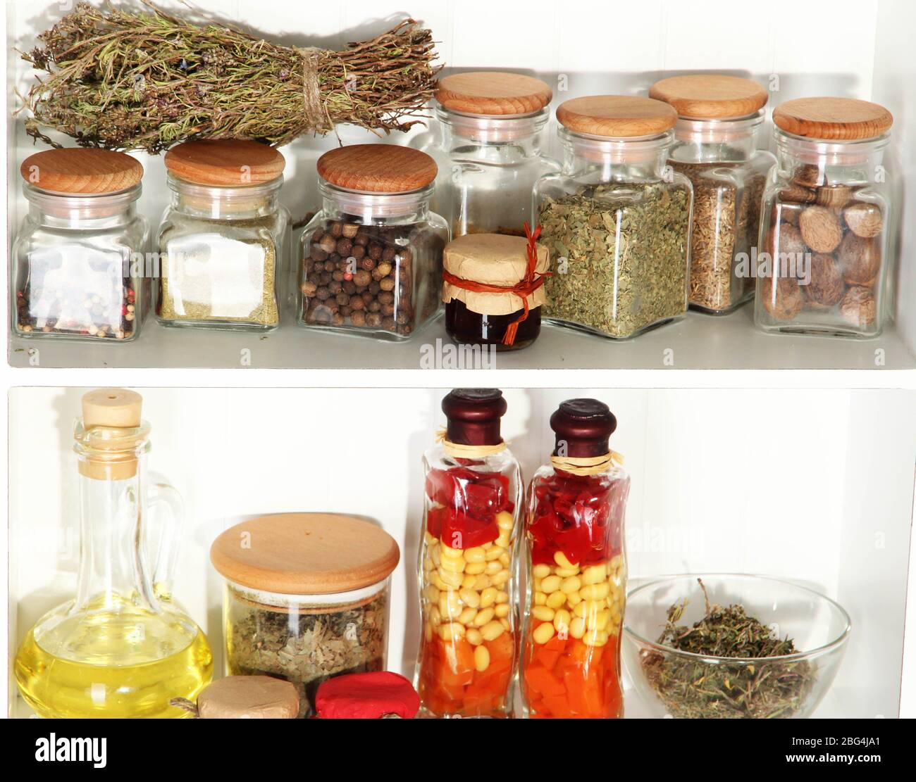 Variety spices on kitchen shelves close-up Stock Photo - Alamy