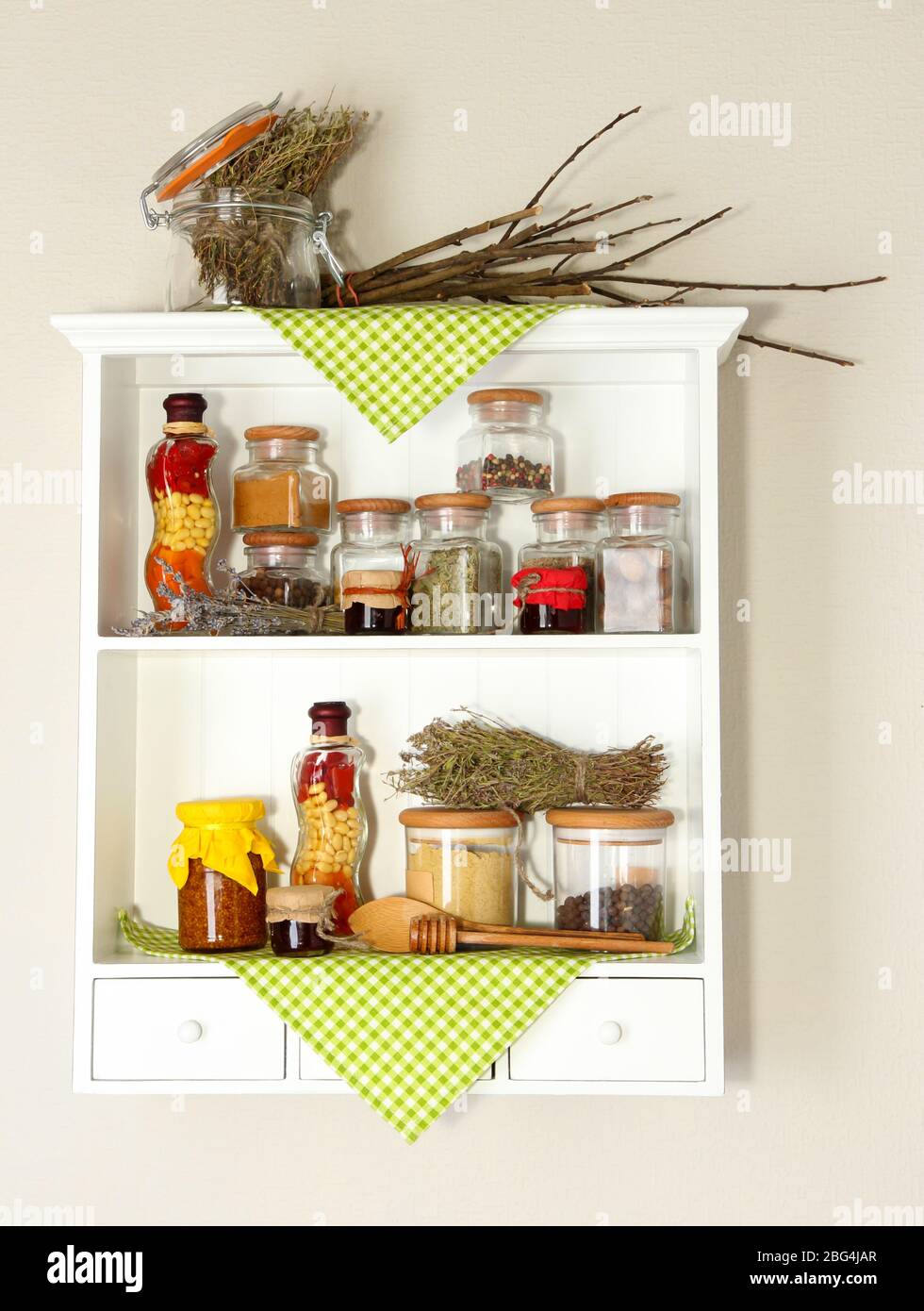 Variety spices on kitchen shelves Stock Photo - Alamy