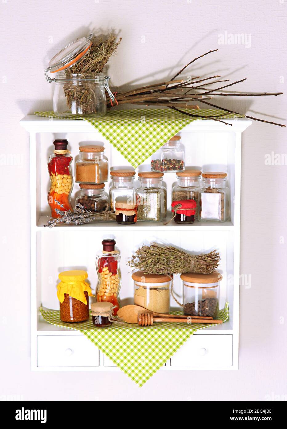 Variety spices on kitchen shelves Stock Photo - Alamy