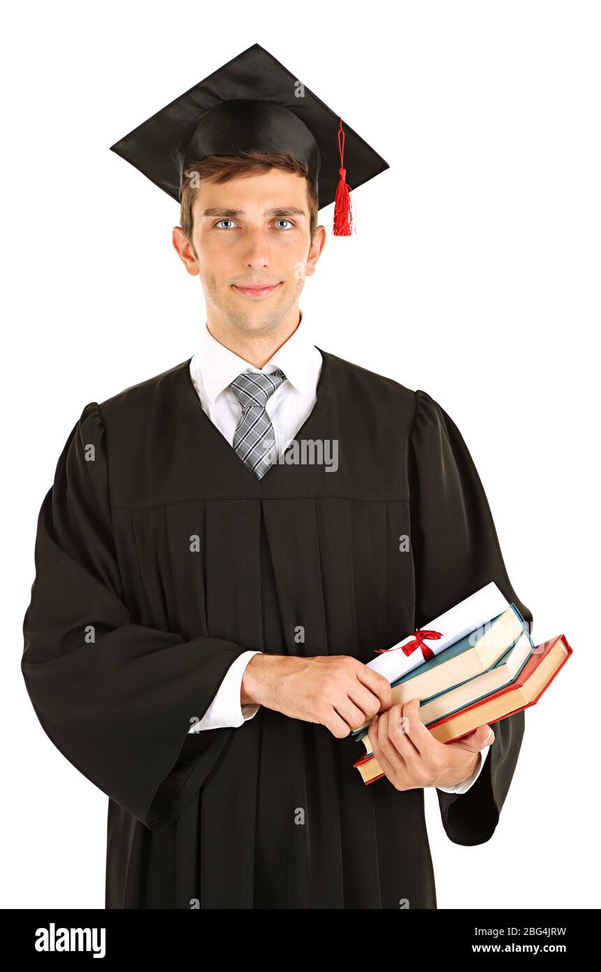 Young graduation man holding diploma and books, isolated on white Stock ...