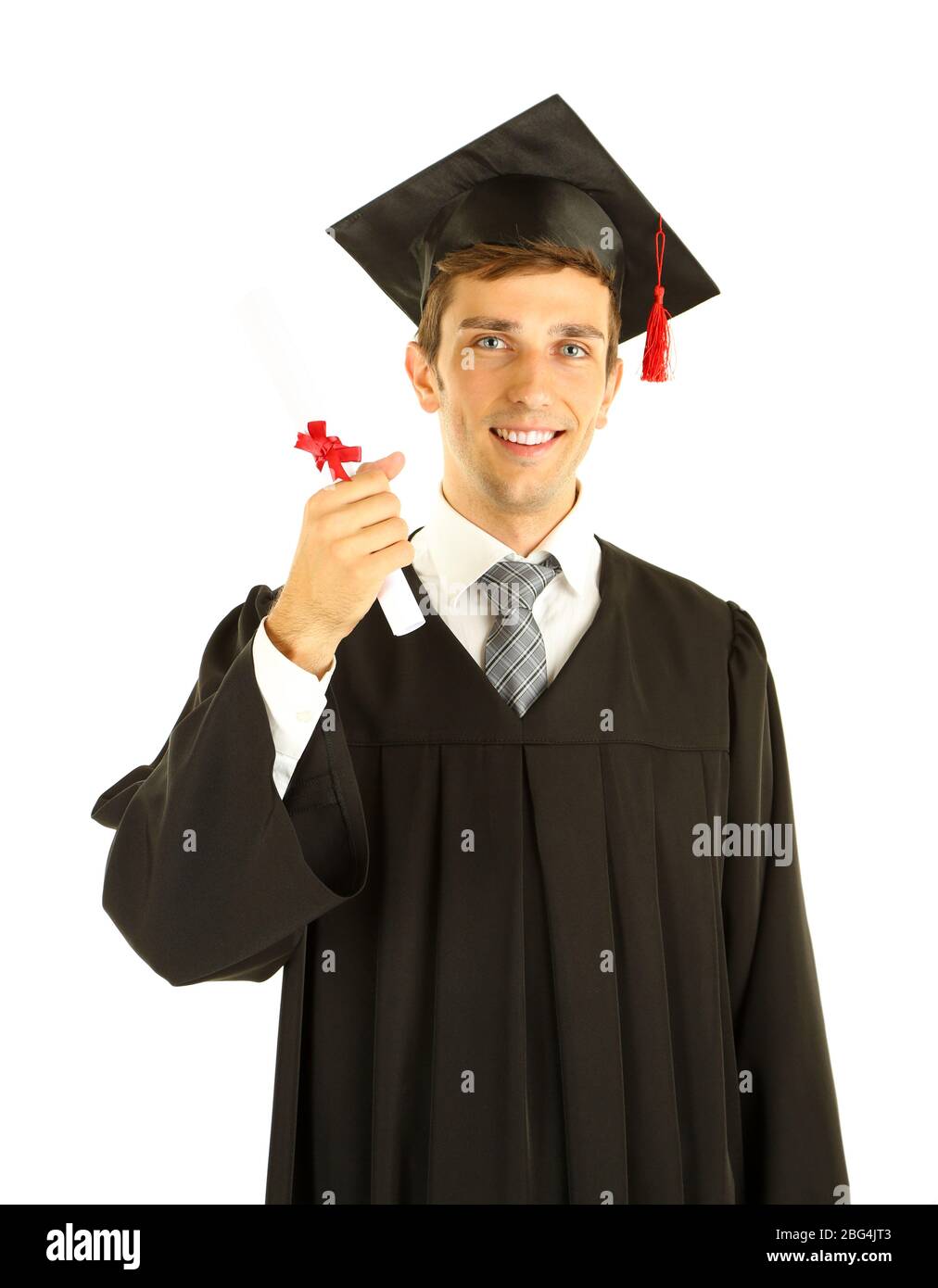 Young graduation man holding diploma, isolated on white Stock Photo - Alamy