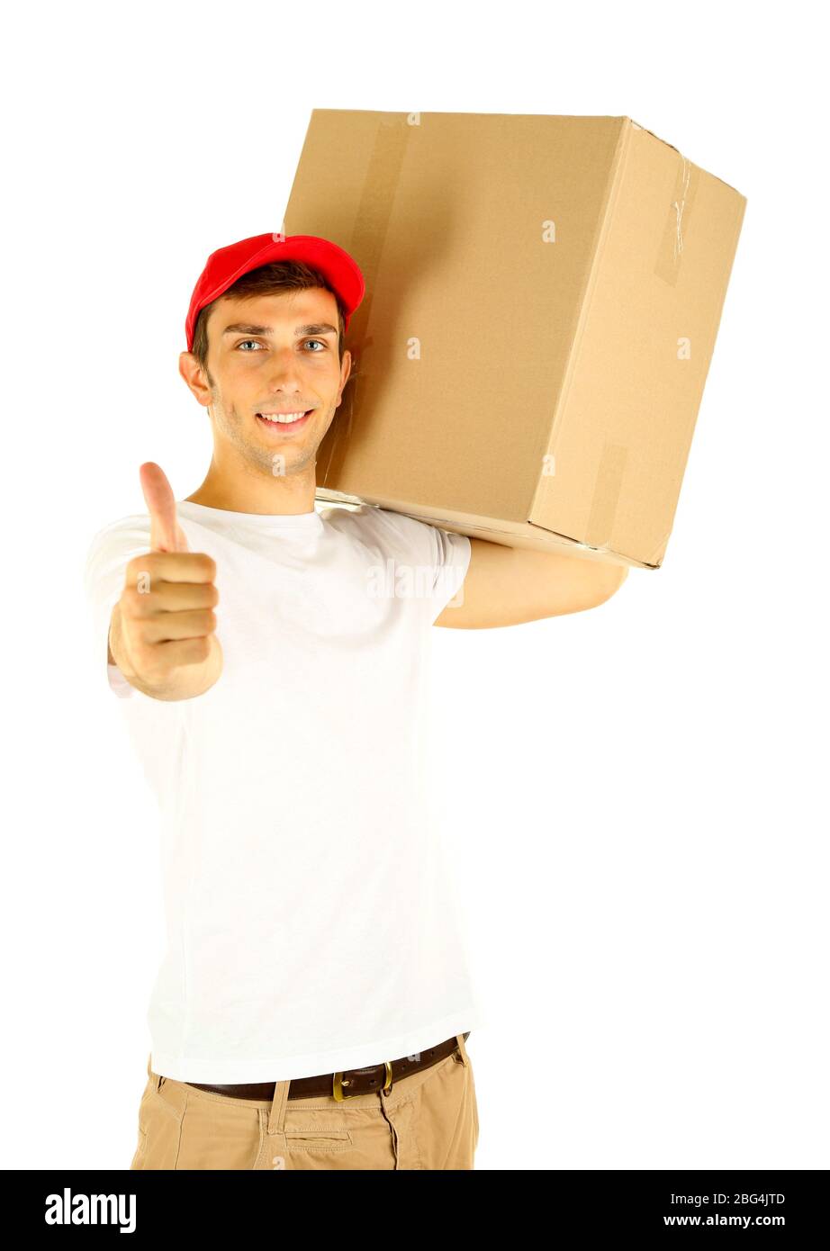 Young delivery man holding parcel, isolated on white Stock Photo - Alamy