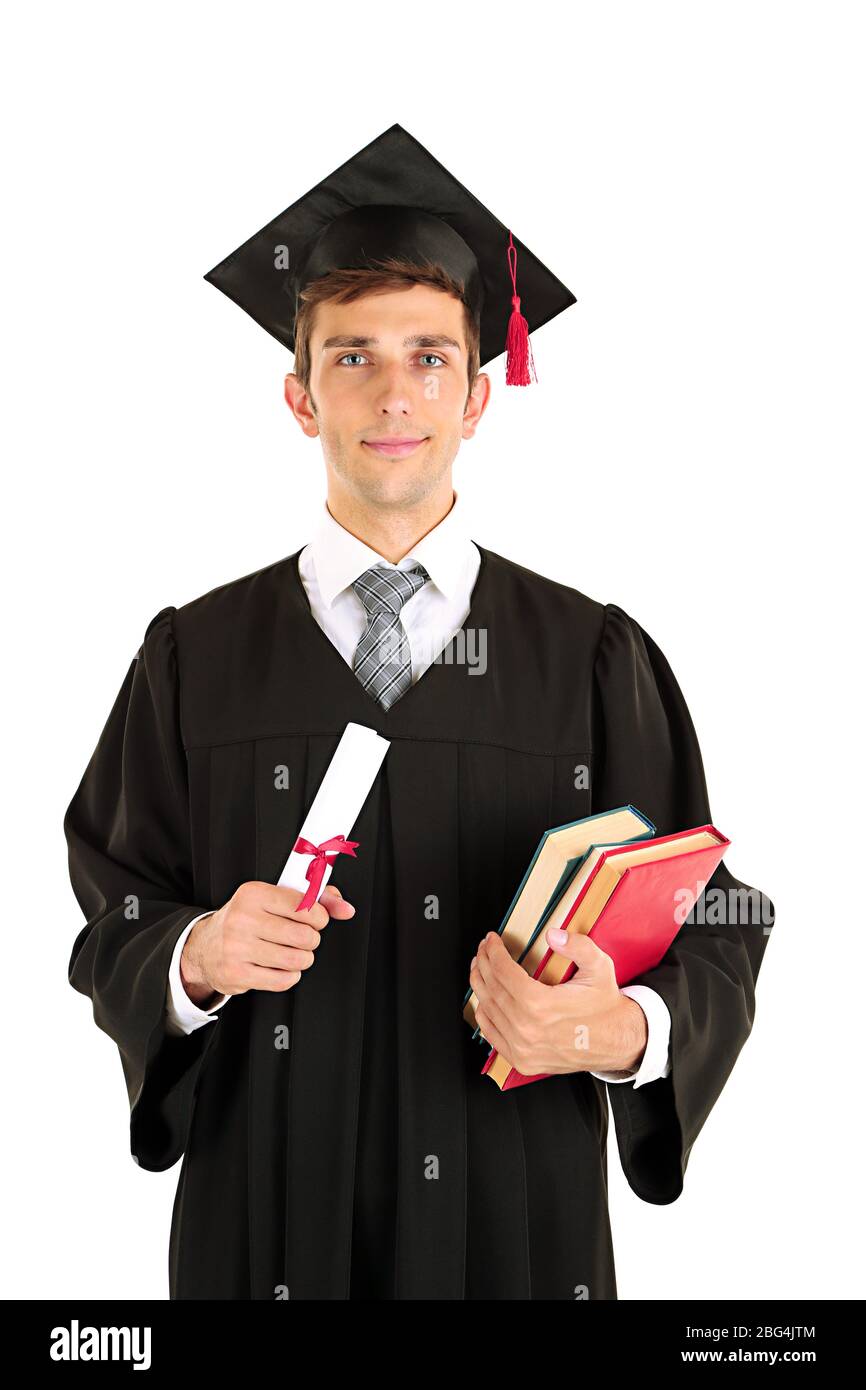Young graduation man holding diploma and books, isolated on white Stock ...