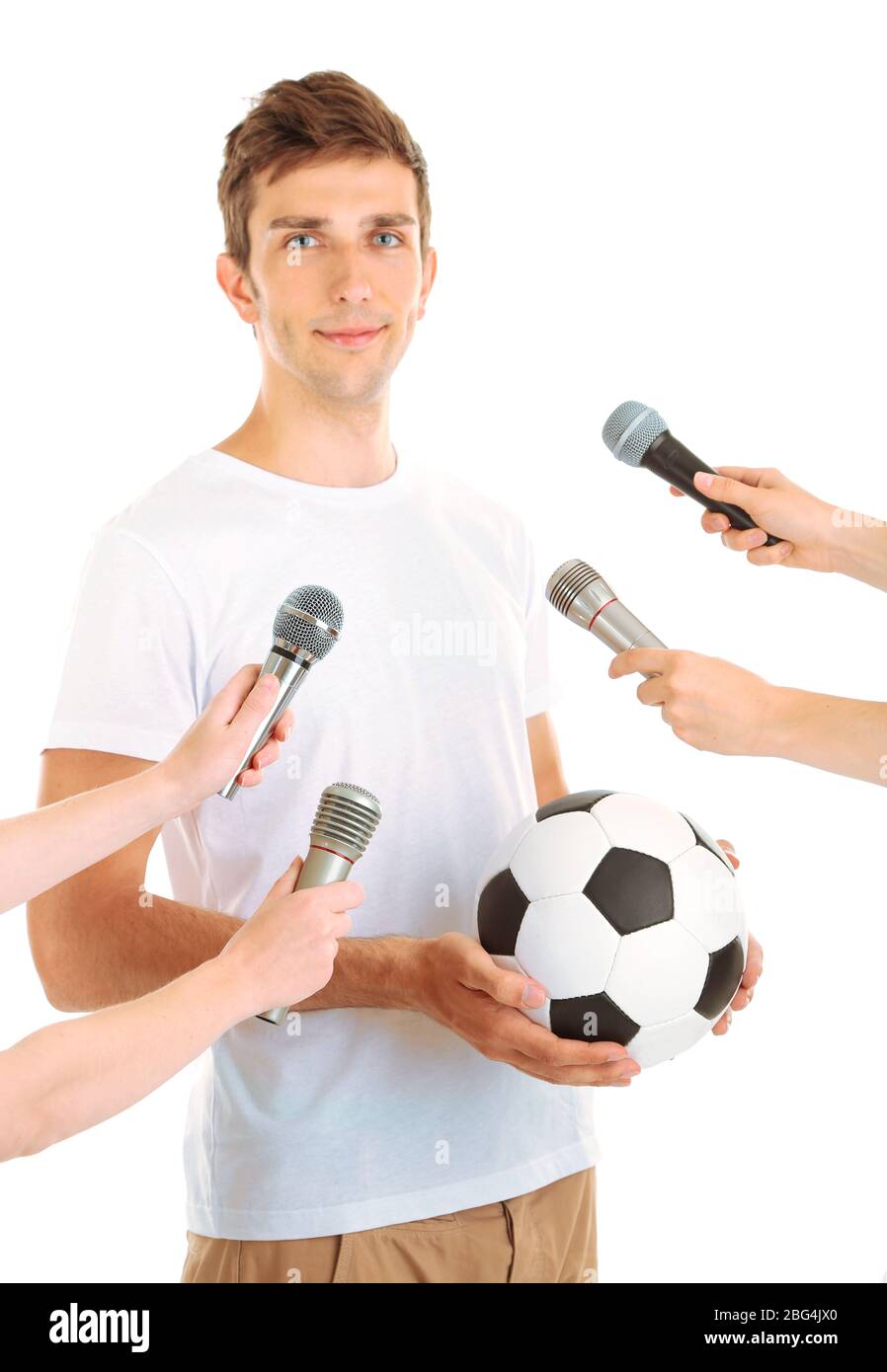 Interview with a young soccer player, isolated on white Stock Photo - Alamy
