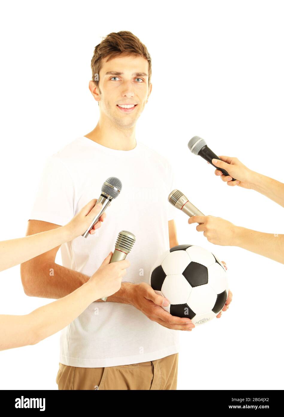 Interview with a young soccer player, isolated on white Stock Photo - Alamy