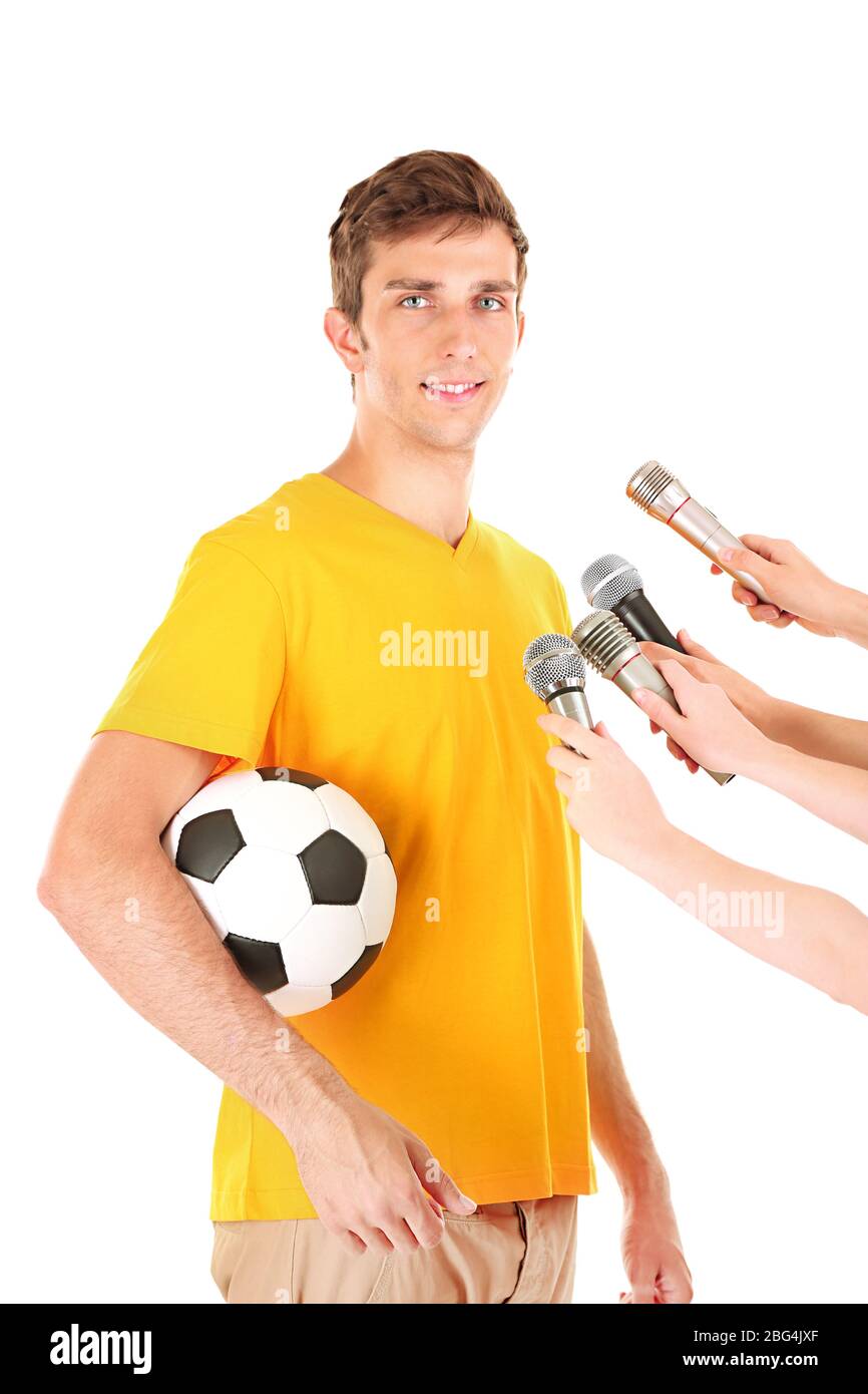 Interview with a young soccer player, isolated on white Stock Photo - Alamy
