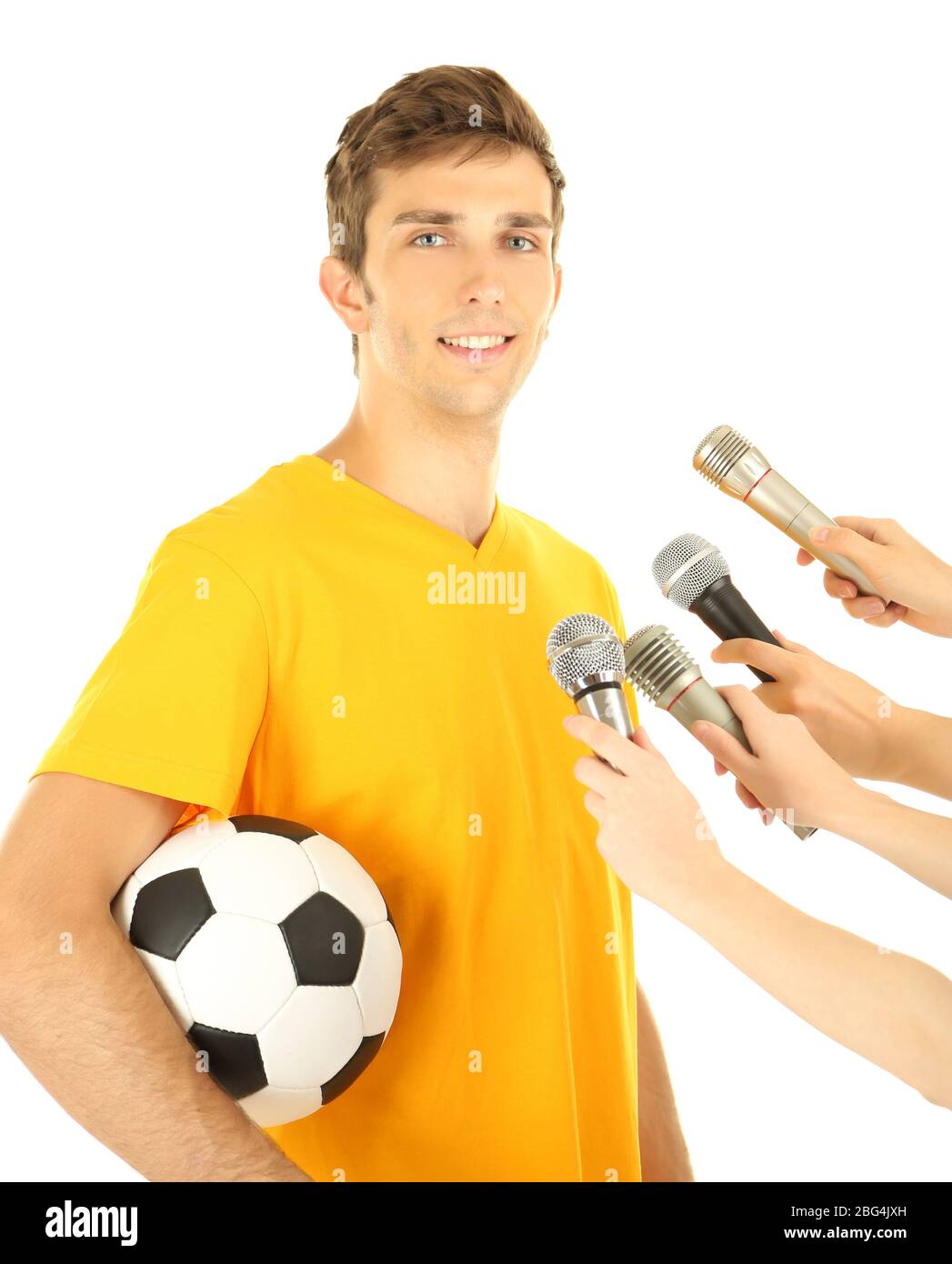 Interview with a young soccer player, isolated on white Stock Photo - Alamy