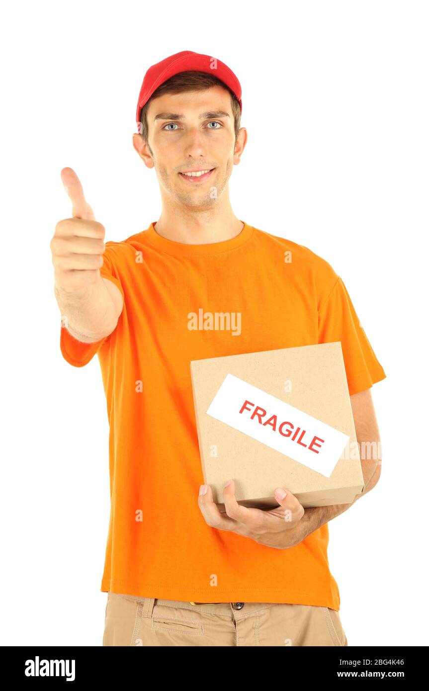 Young delivery man holding parcel, isolated on white Stock Photo - Alamy