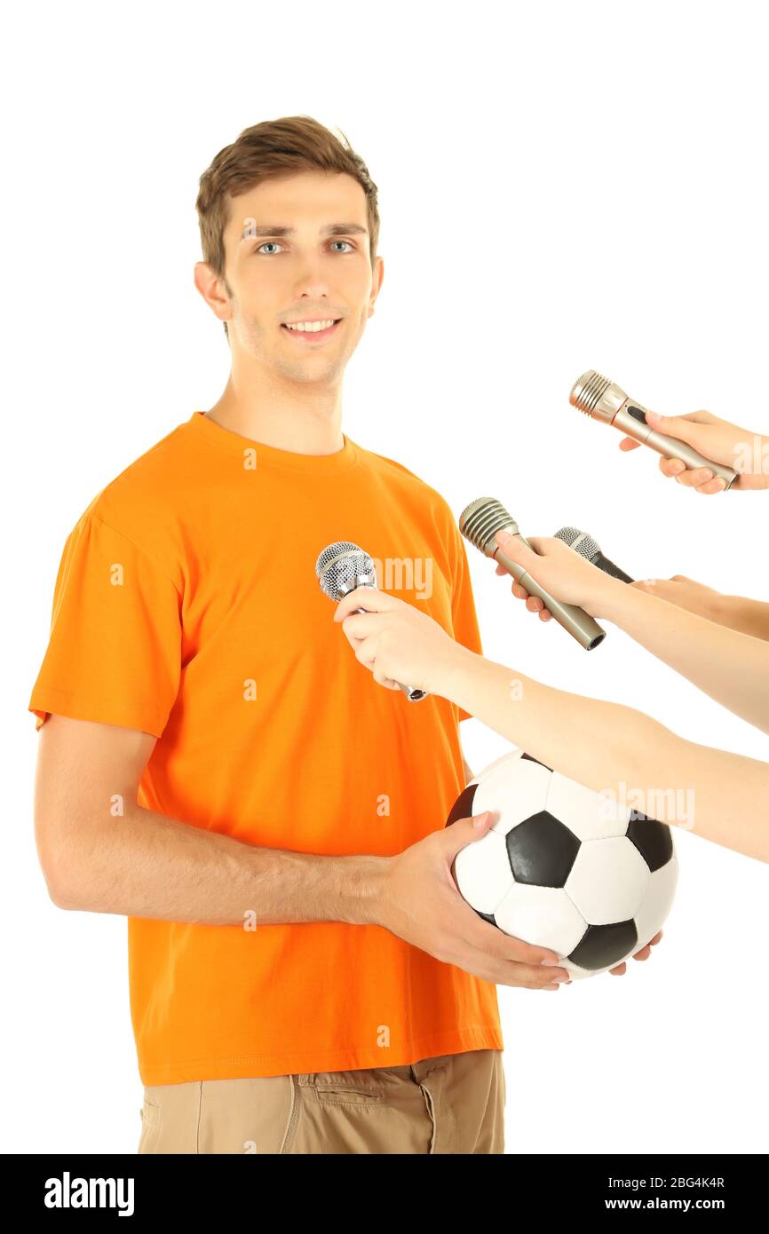 Interview with a young soccer player, isolated on white Stock Photo - Alamy