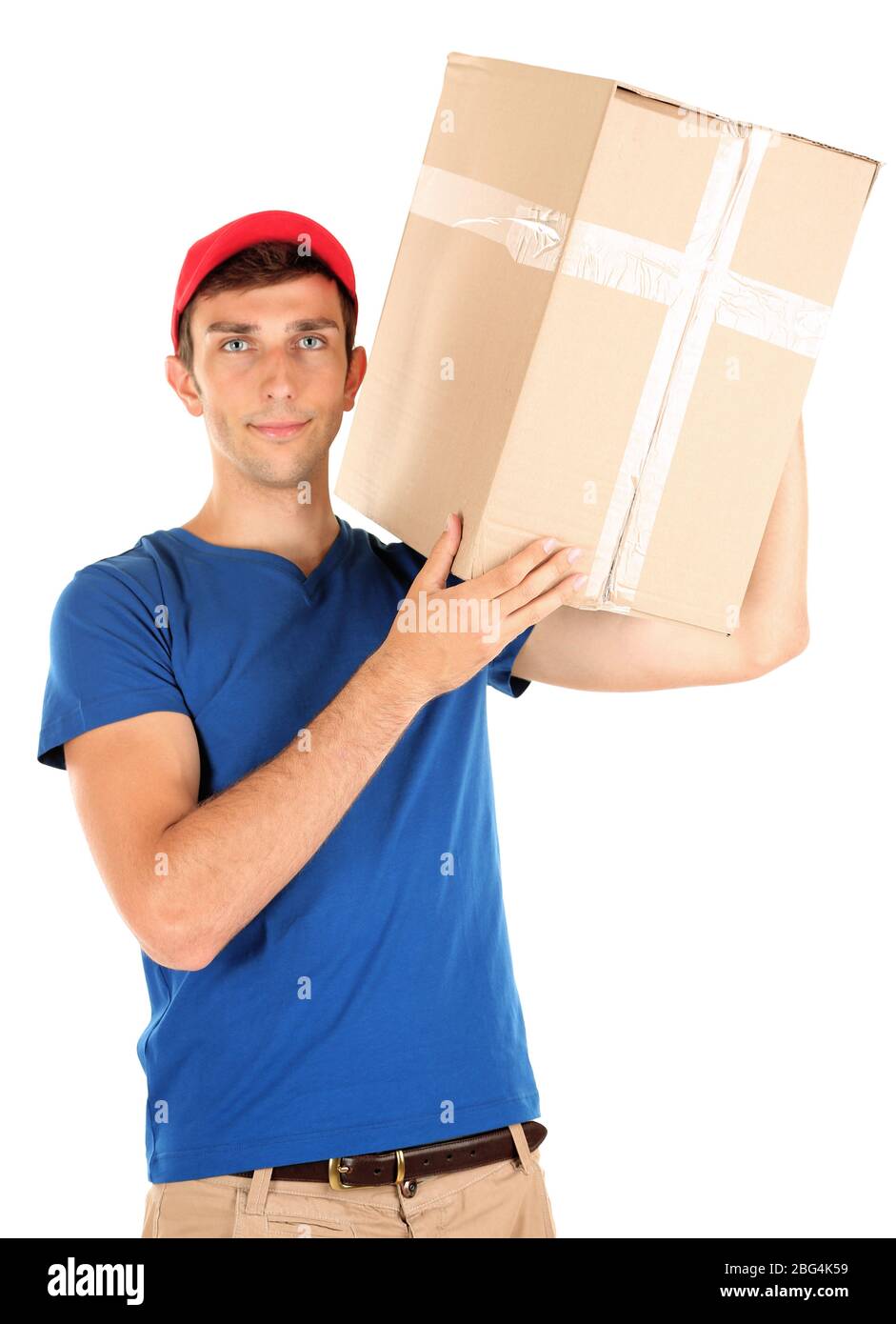 Young delivery man holding parcel, isolated on white Stock Photo - Alamy