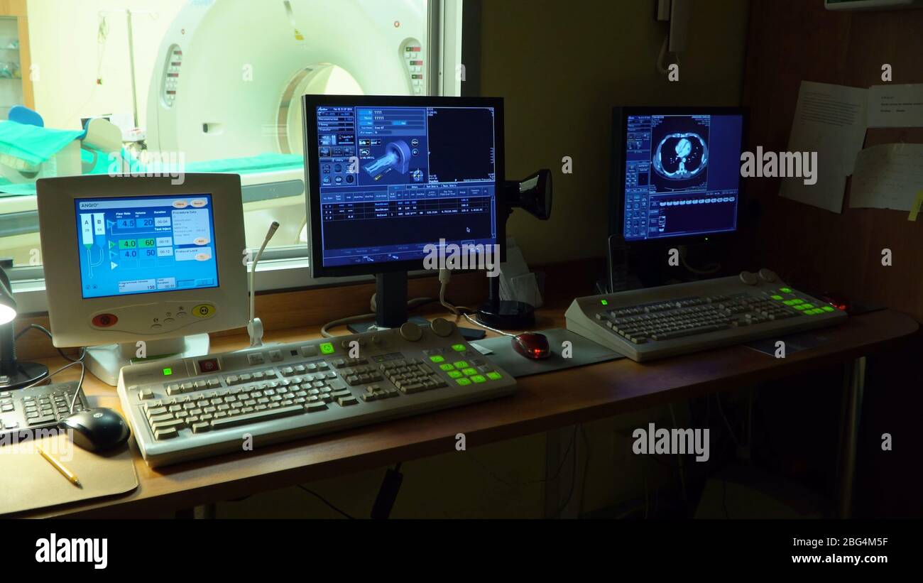 Warsaw, Poland, 02.07.2019 - Medical MRI. Control room magnetic ...