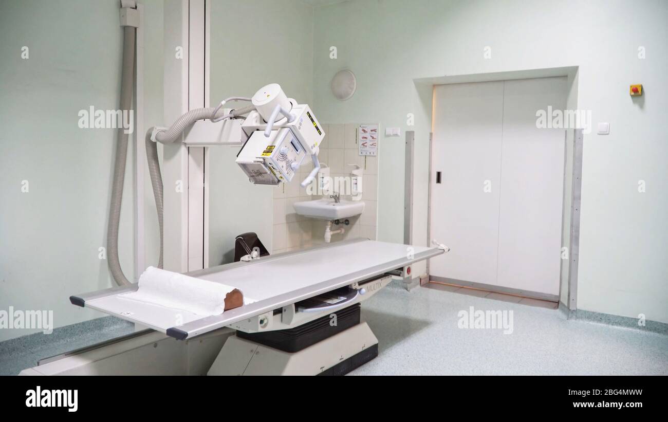 Warsaw, Poland 02.07.2019 X-ray room in a hospital. Classic x-ray ...