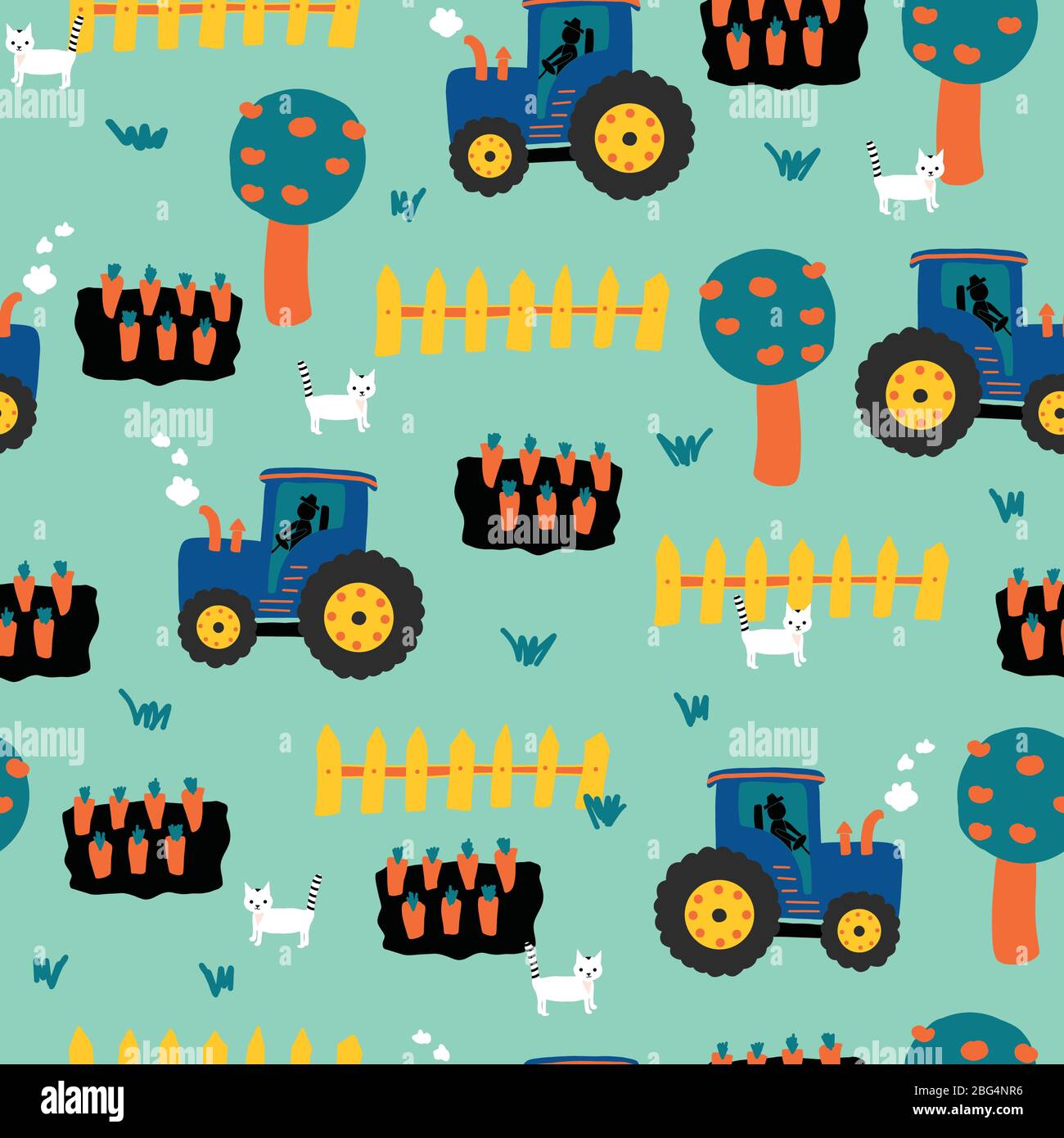 Tractors seamless kids pattern. Tractor, carrots, fence, apple trees ...
