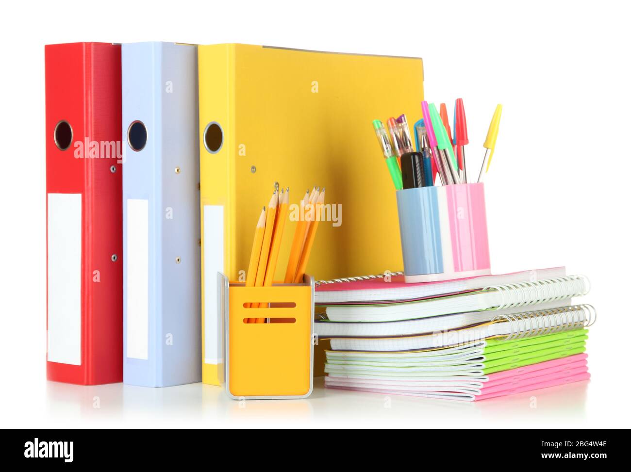 Bright office folders and different stationery isolated on white Stock ...