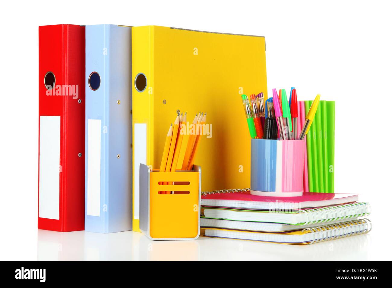 Bright office folders and different stationery isolated on white Stock ...