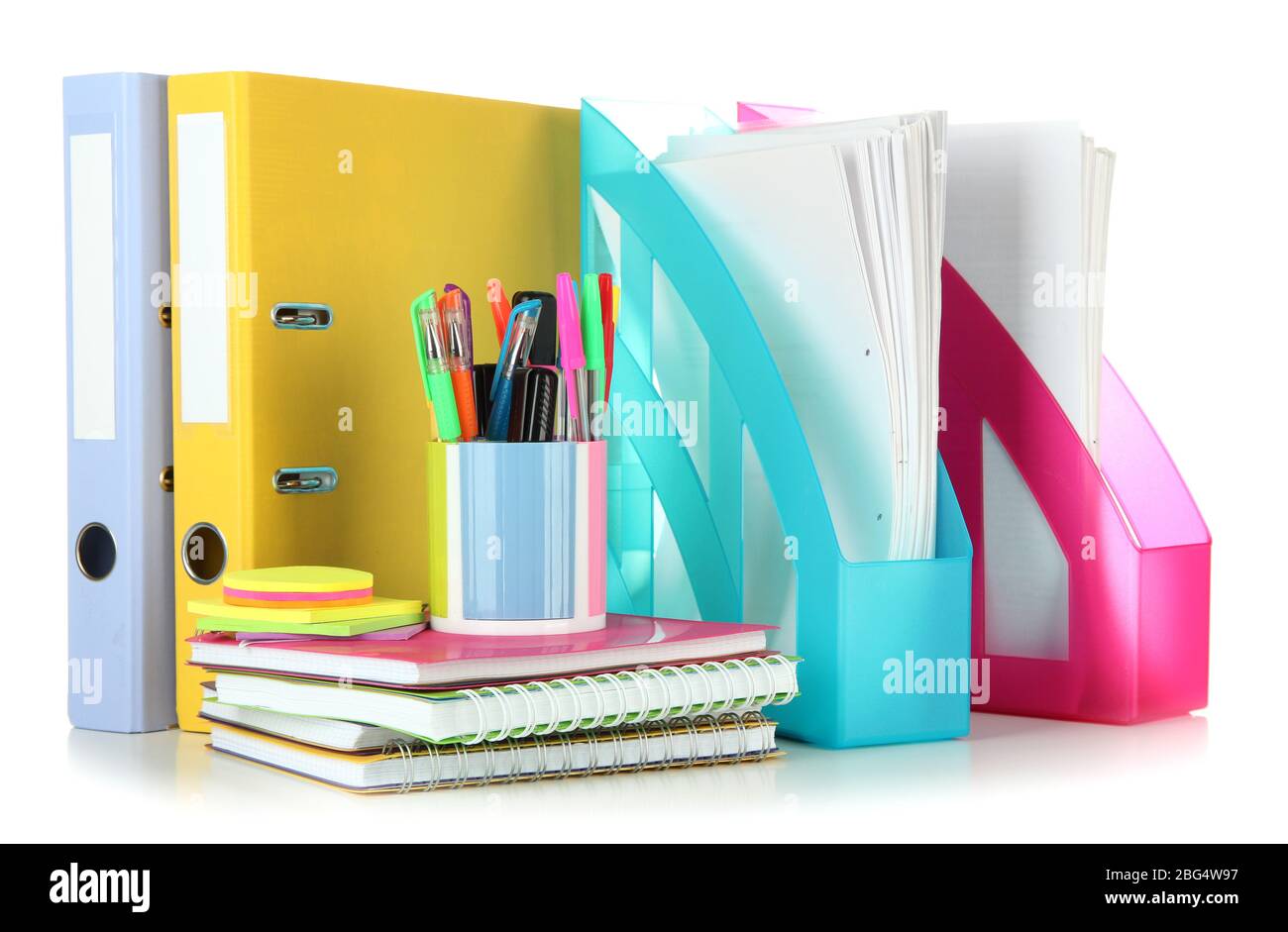 Bright office folders and different stationery isolated on white Stock ...