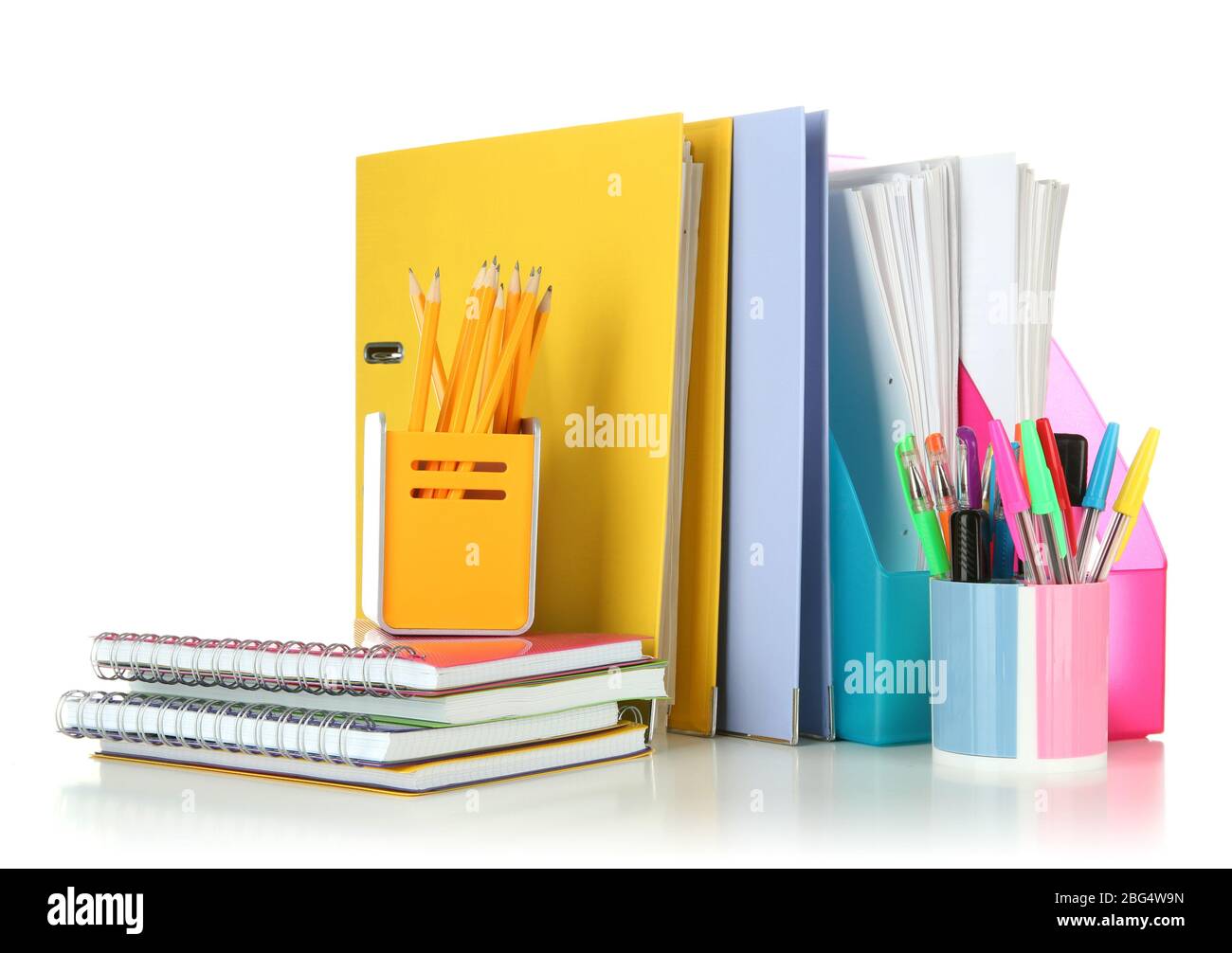 Bright office folders and different stationery isolated on white Stock ...