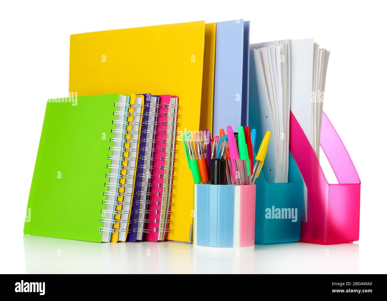 Bright office folders and different stationery isolated on white Stock ...