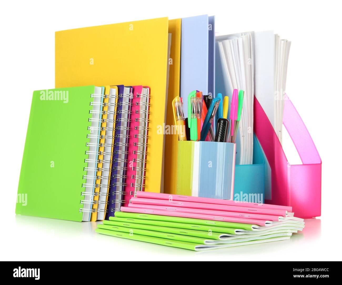 Bright office folders and different stationery isolated on white Stock ...