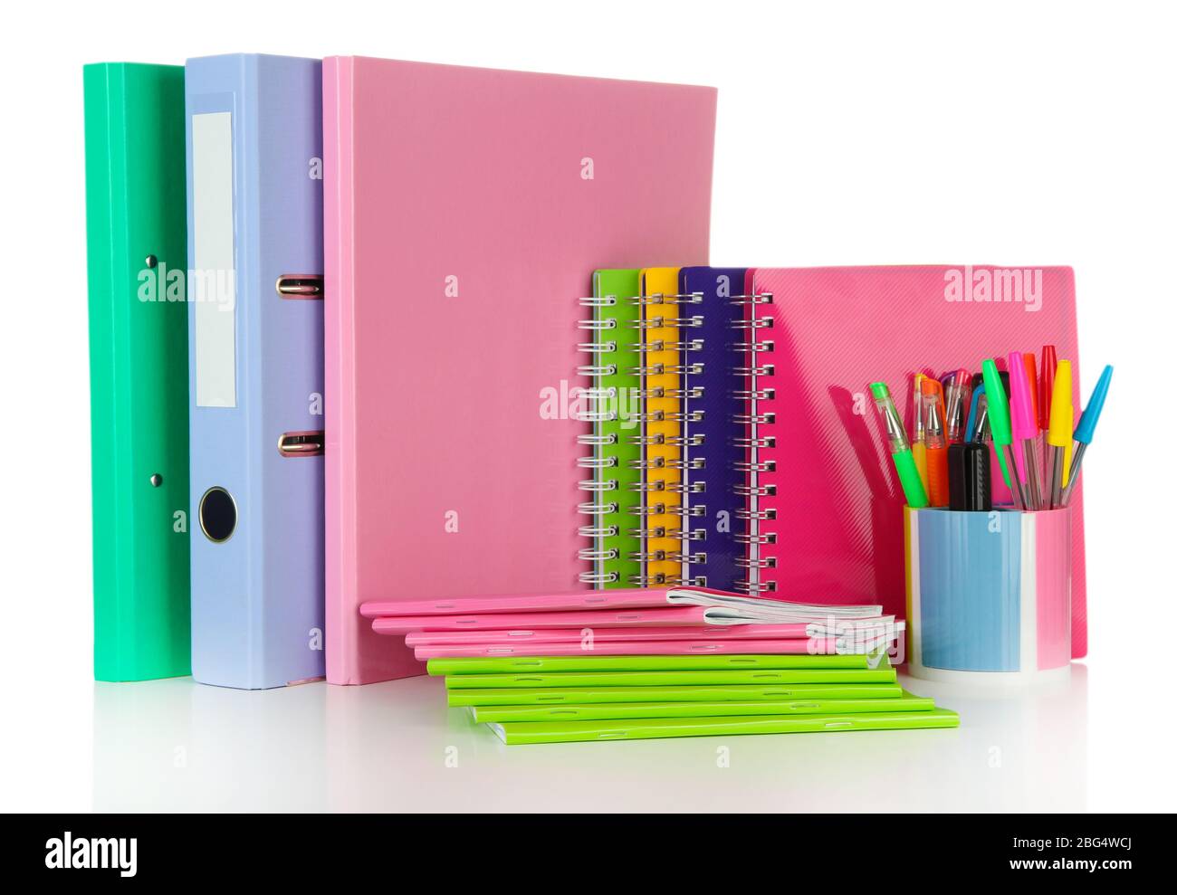 Bright office folders and different stationery isolated on white Stock ...