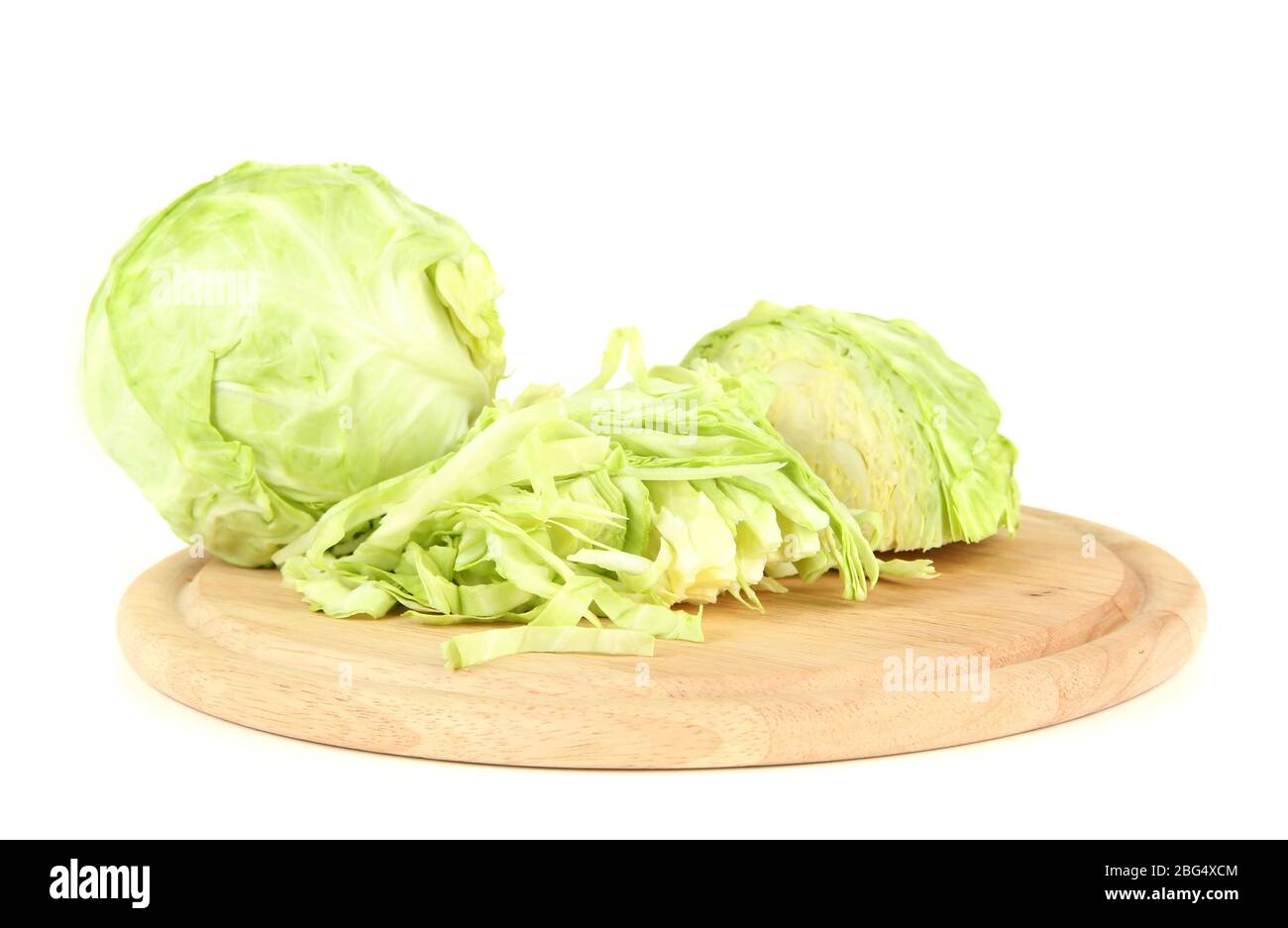 Green cabbage sliced on cutting board, isolated on white Stock Photo ...