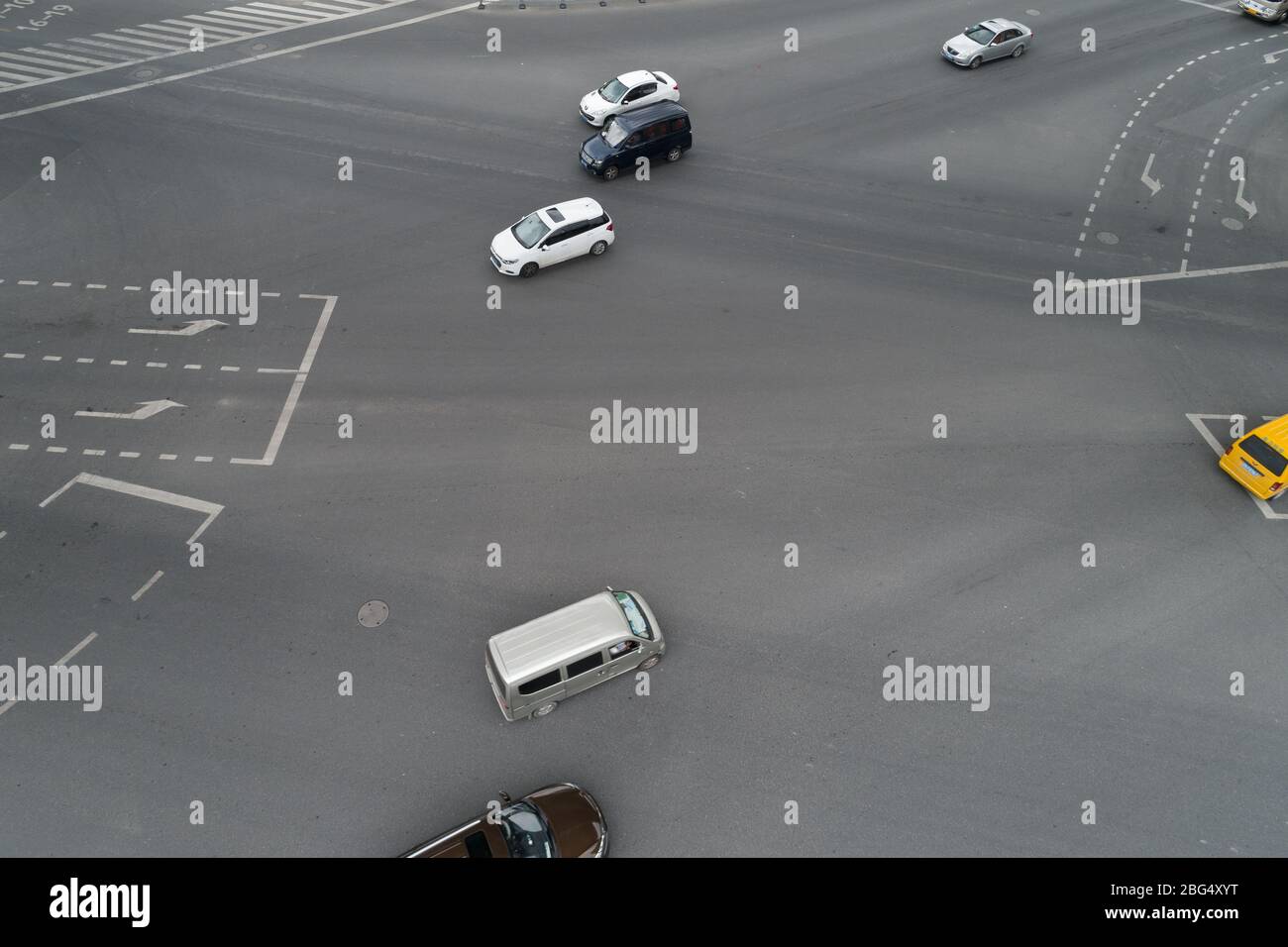 Aerial view on busy traffic intersection Stock Photo - Alamy