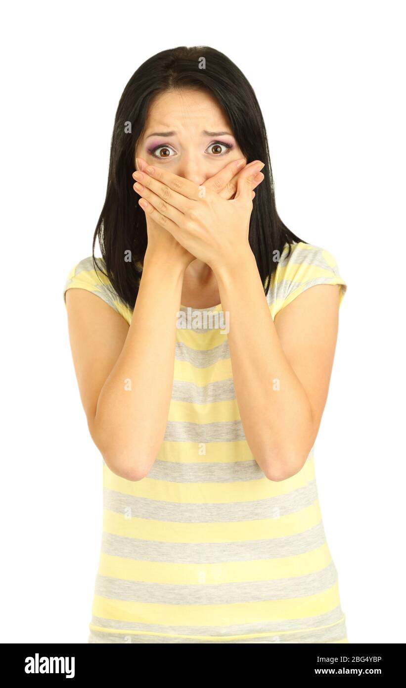 Girl shows sign of silence isolated on white Stock Photo - Alamy