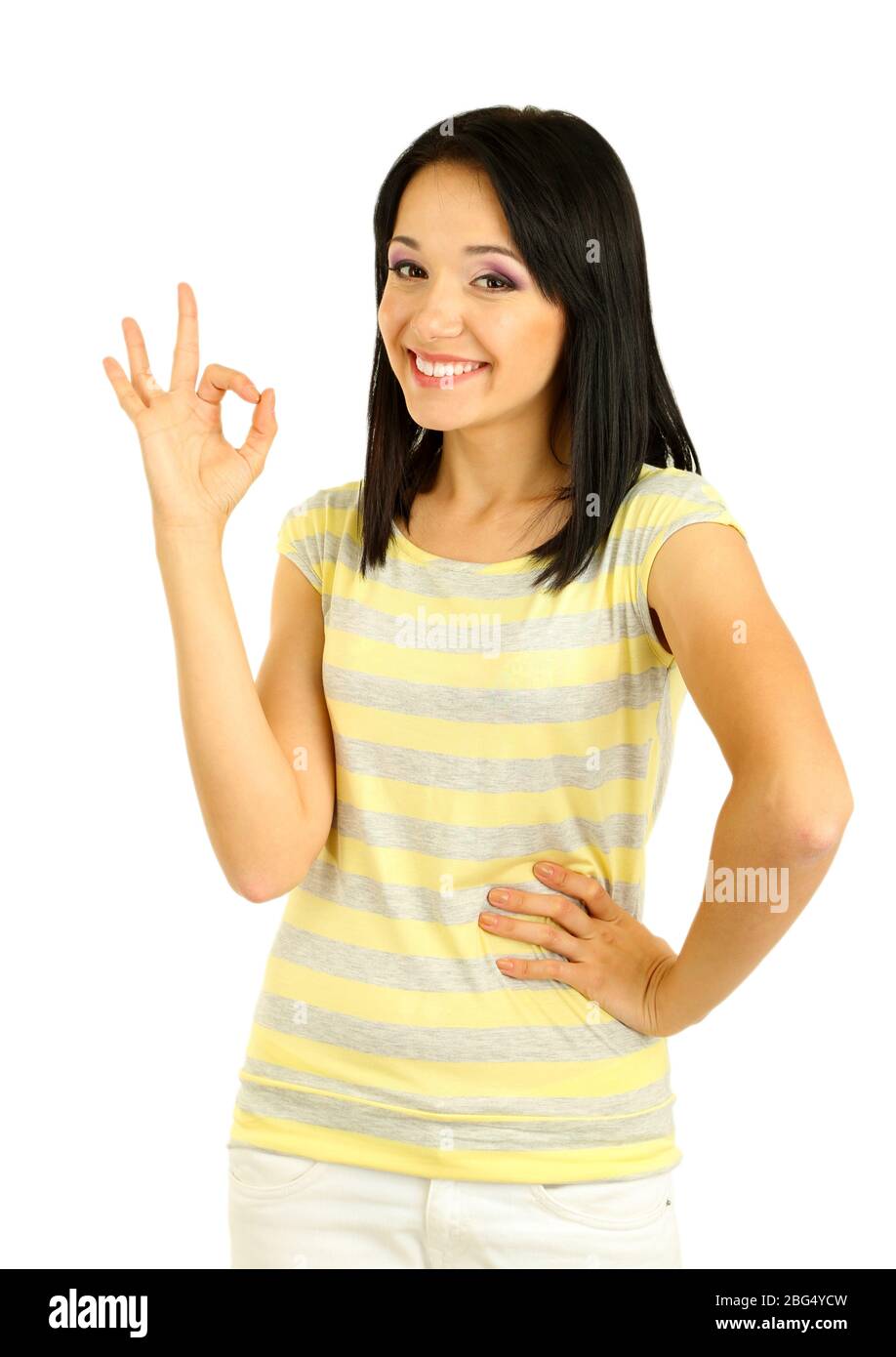 Young woman okay sign isolated on white Stock Photo - Alamy