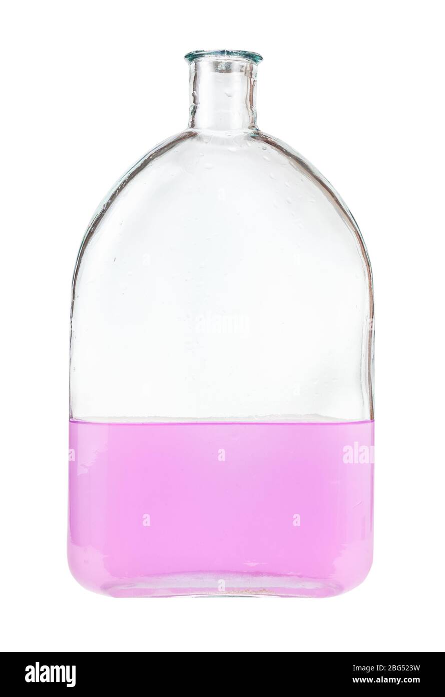 solution of pink watercolour in water in glass flask isolated on white ...