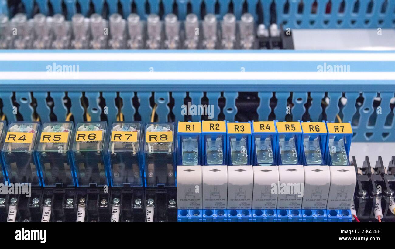 Close up Relay actuators inside the Industrial power cases Stock Photo ...