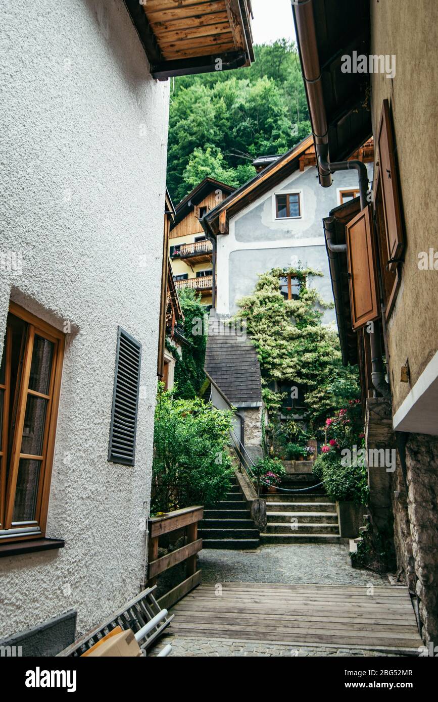 view of small hallstatt street with stairs Stock Photo - Alamy