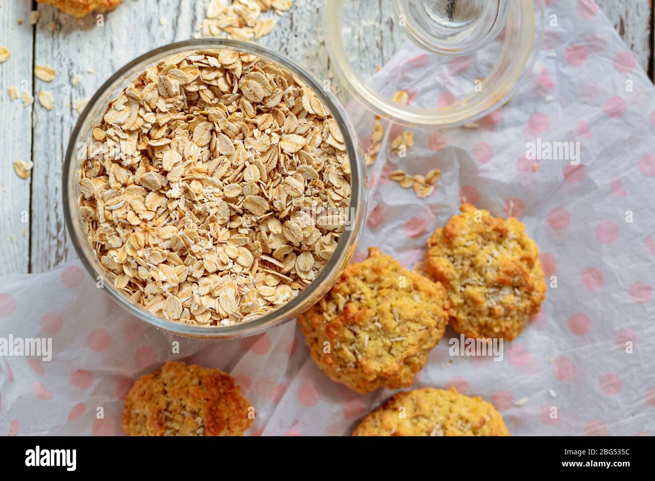 Oatmeal in a jar, top view, close-up. Homemade oatmeal cookies. Light ...