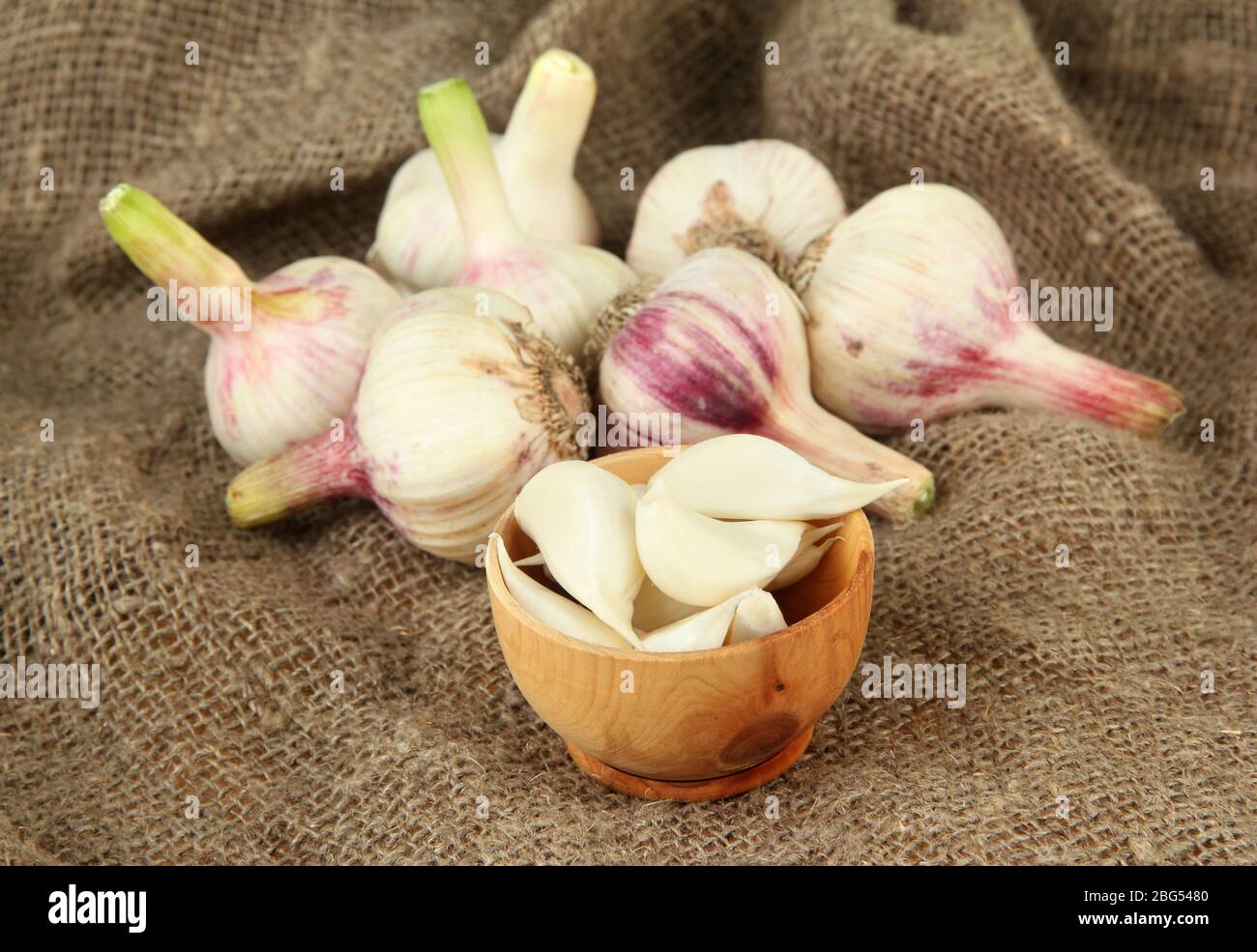 Fresh garlic, on sackcloth background Stock Photo - Alamy