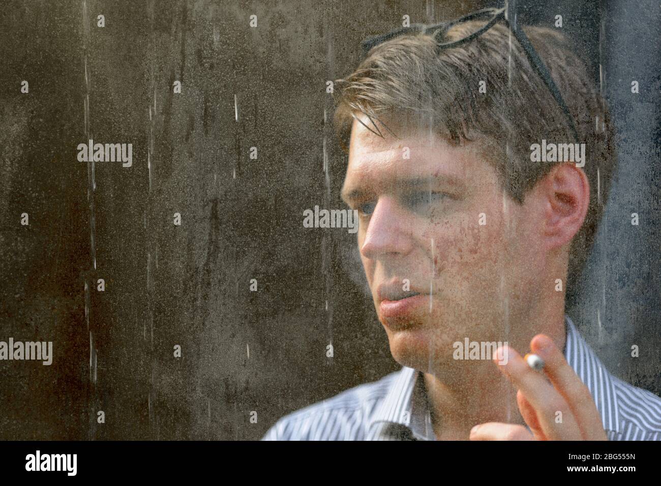 Multiple exposure of man smoking cigarette outdoors Stock Photo - Alamy