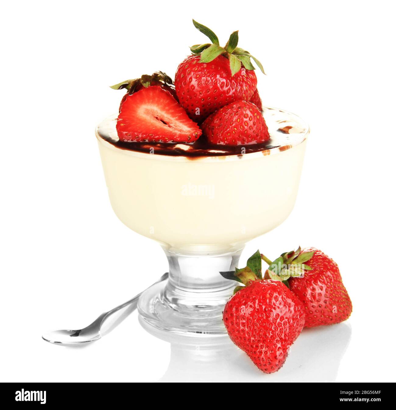 Delicious strawberry dessert in glass vase isolated on white Stock ...