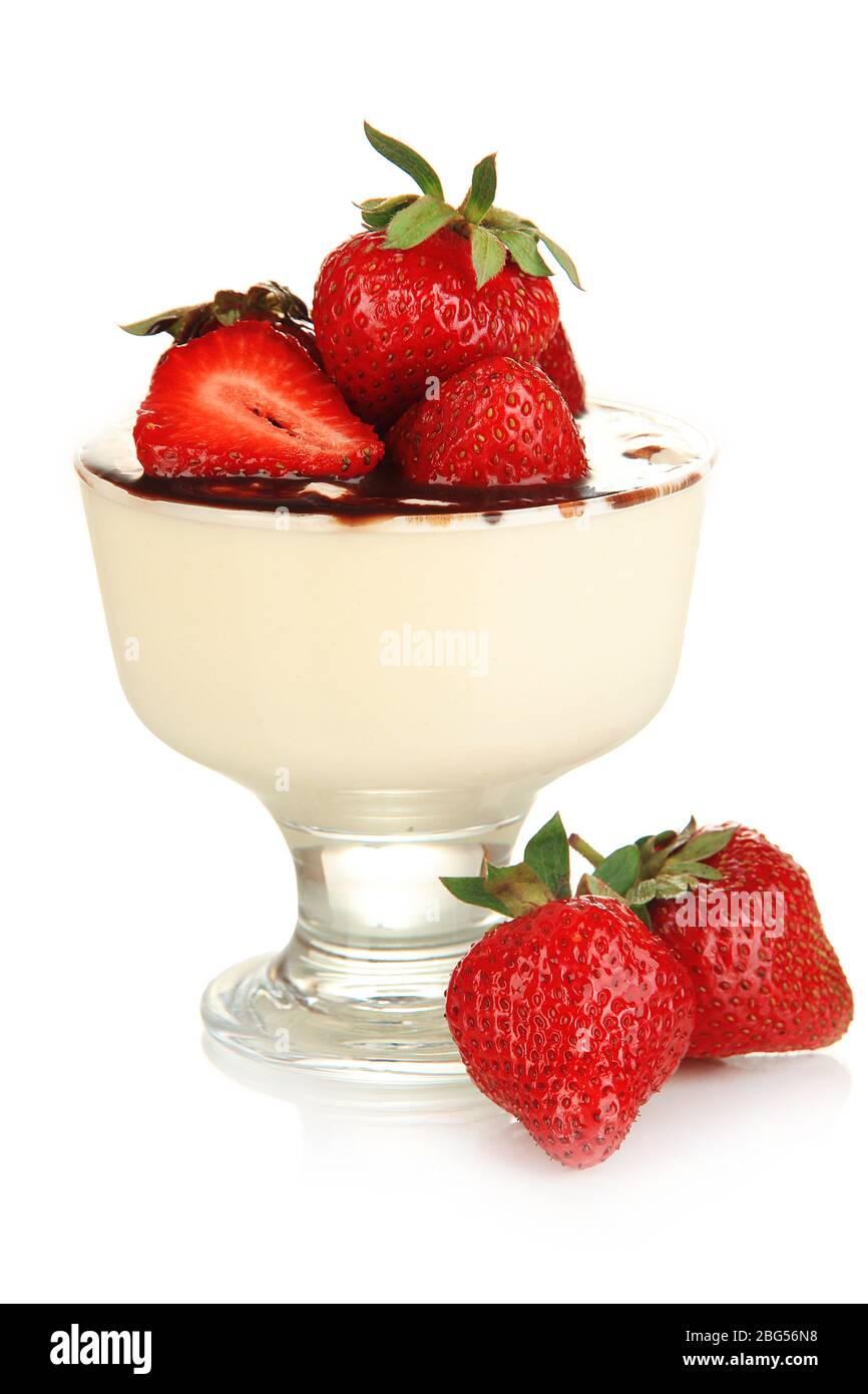 Delicious strawberry dessert in glass vase isolated on white Stock ...