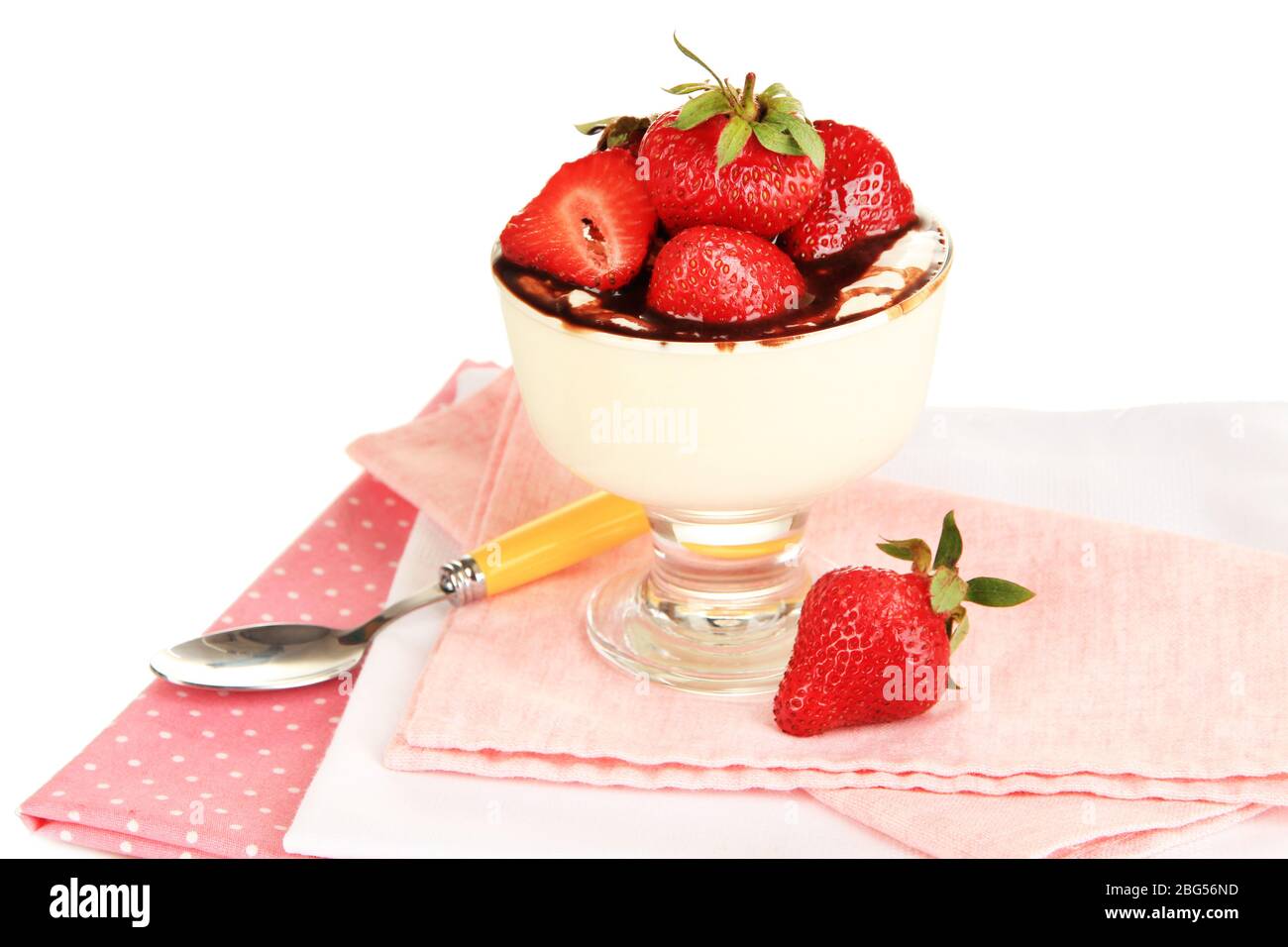 Delicious strawberry dessert in glass vase isolated on white Stock ...