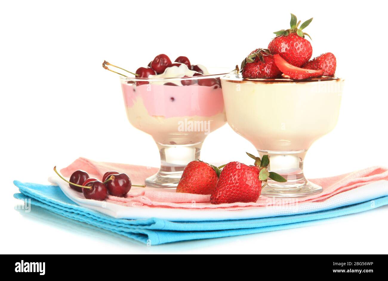 Delicious strawberry and cherry desserts in glass vase isolated on ...