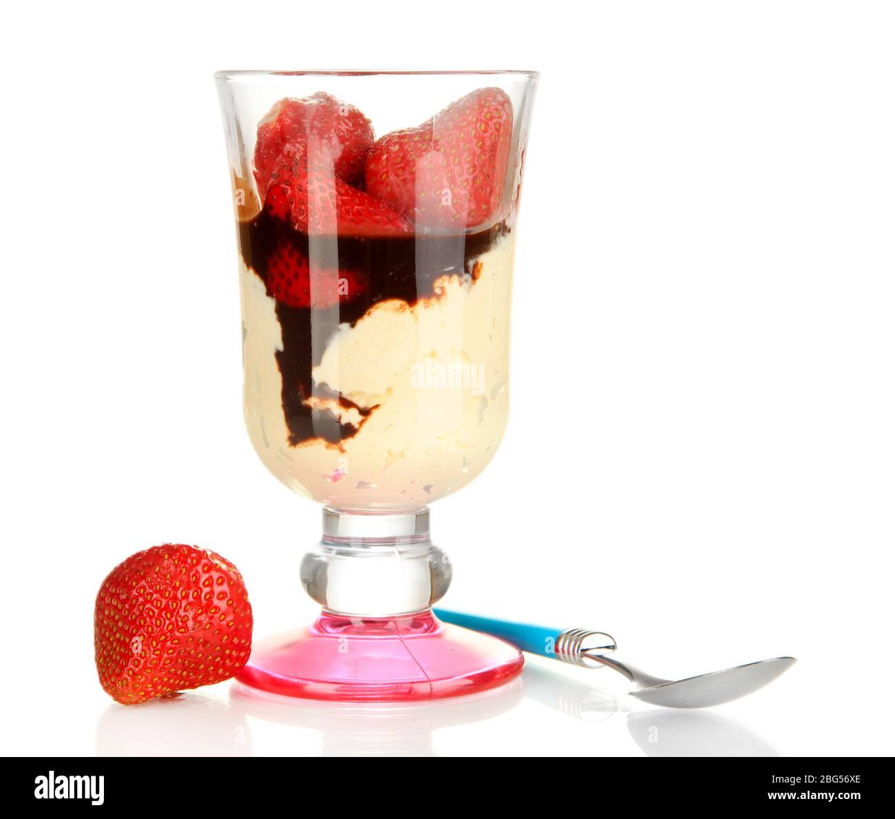 Delicious strawberry dessert in glass vase isolated on white Stock ...