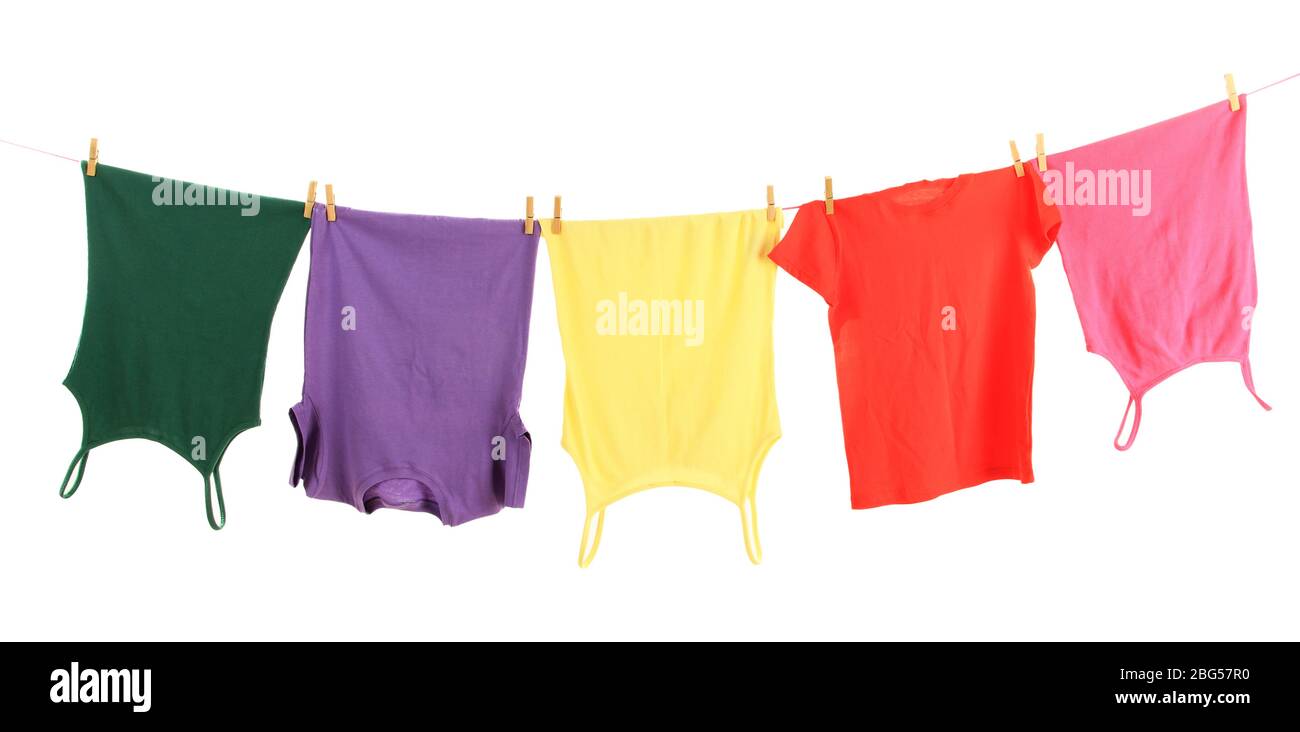 Laundry line with clothes isolated on white Stock Photo - Alamy