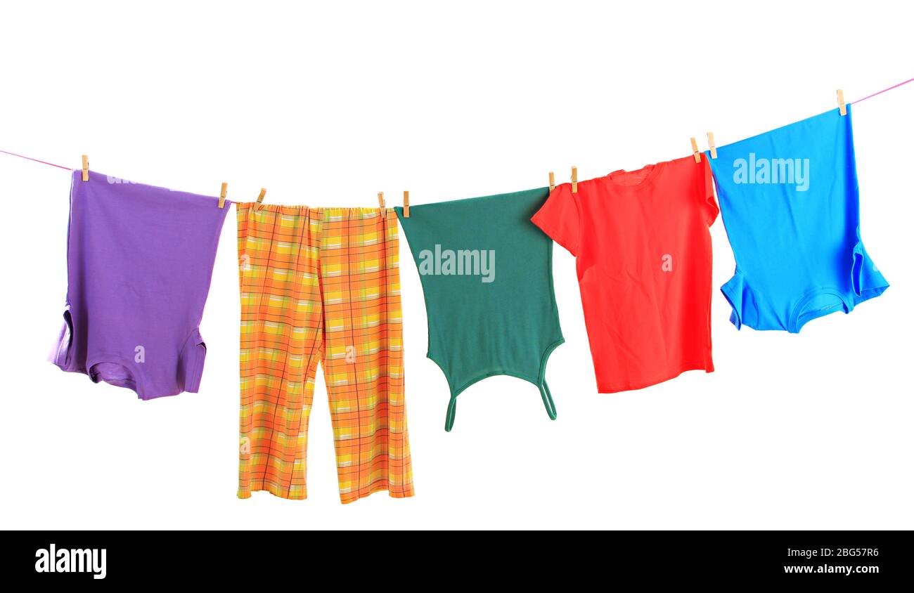Laundry line with clothes isolated on white Stock Photo - Alamy