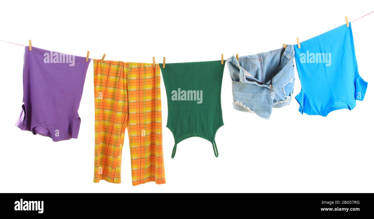 Laundry line with clothes isolated on white Stock Photo - Alamy