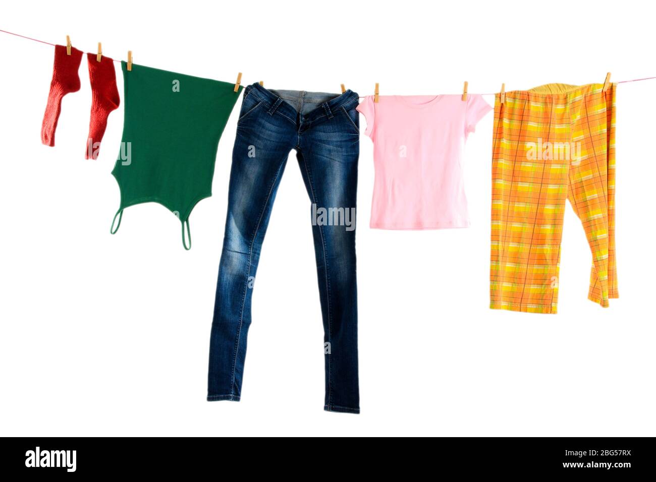 Laundry line with clothes isolated on white Stock Photo - Alamy
