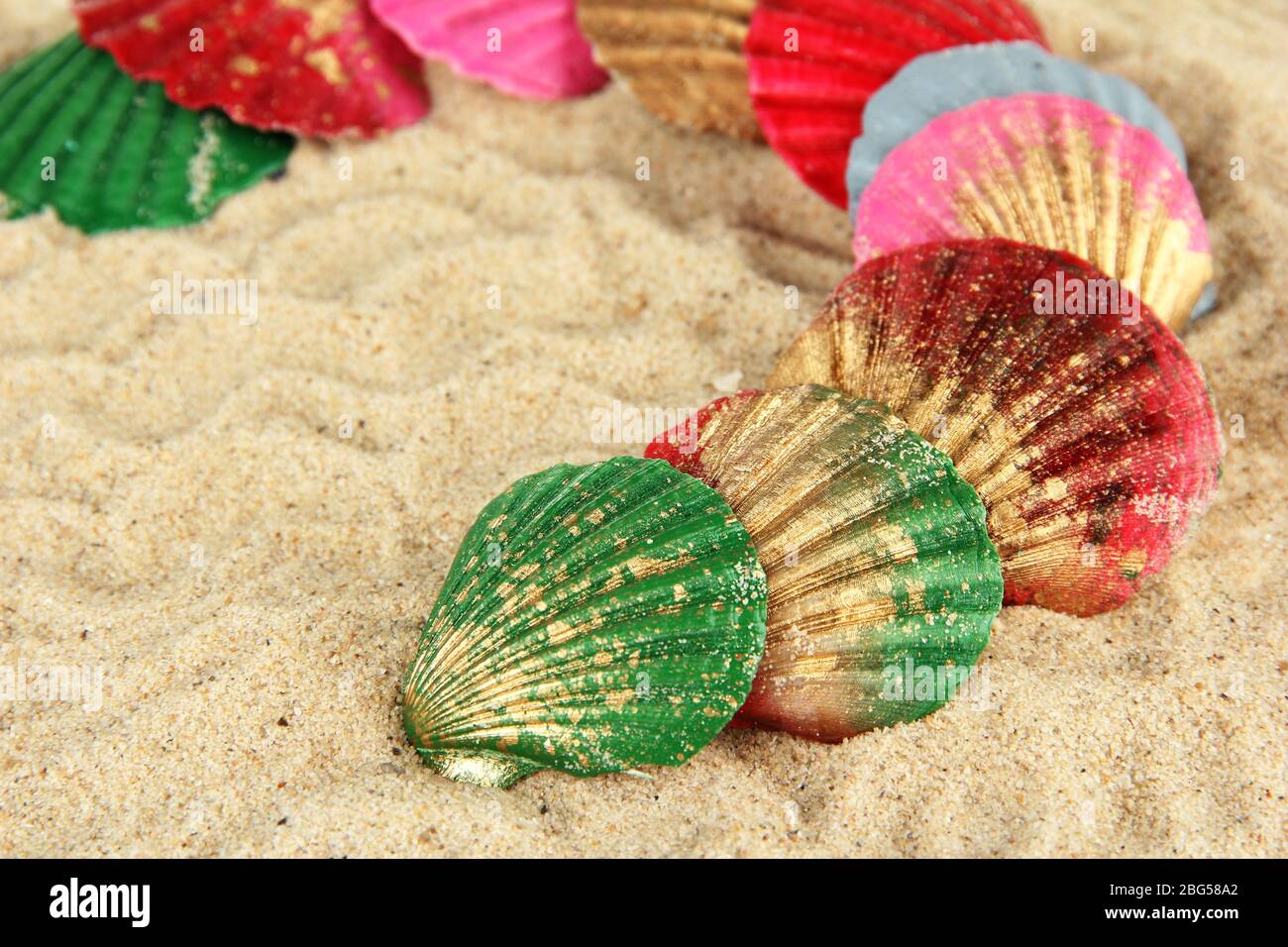 Colorful seashells on sand background Stock Photo - Alamy
