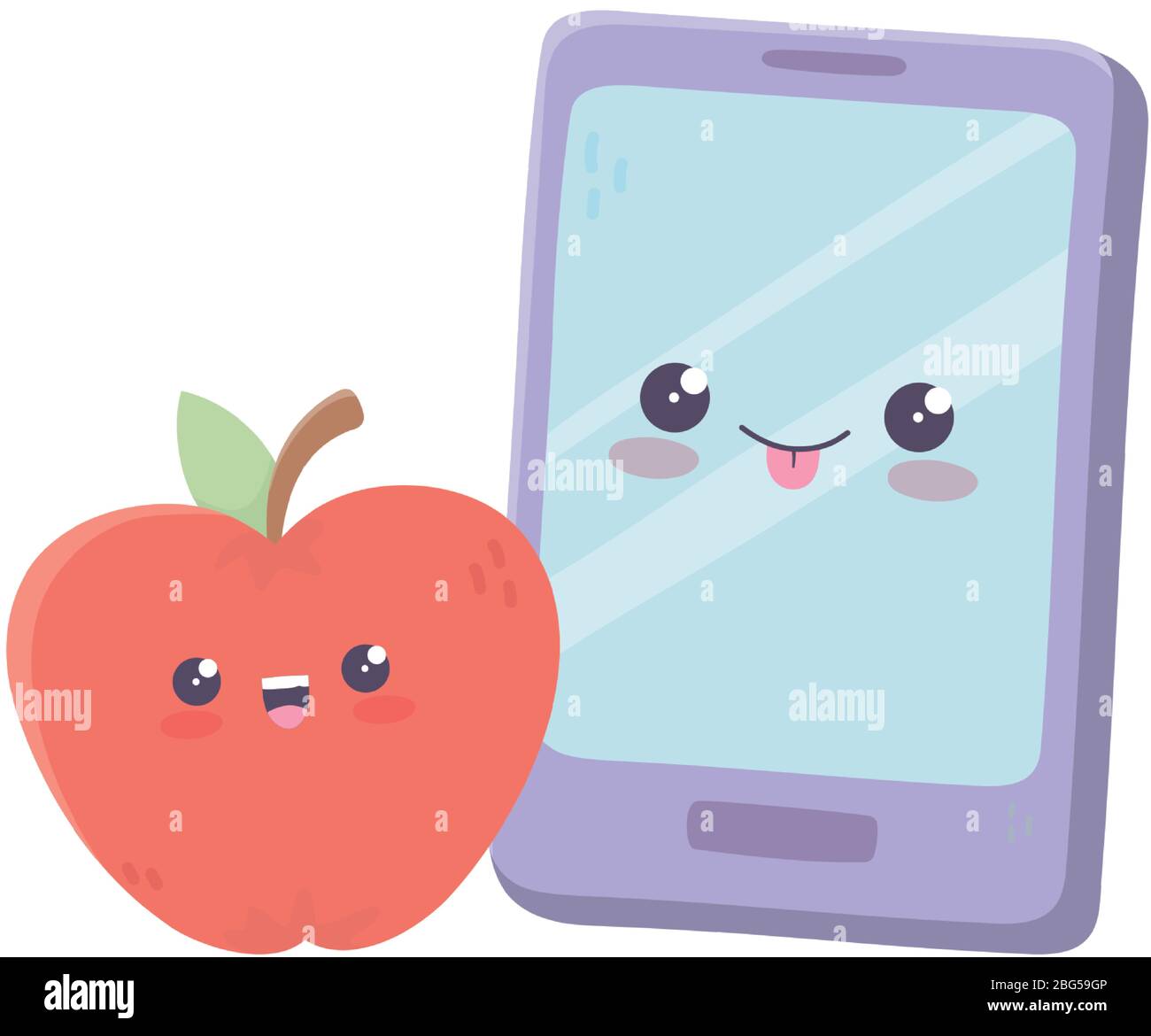 kawaii smartphone and apple cute cartoon isolated icon on white ...