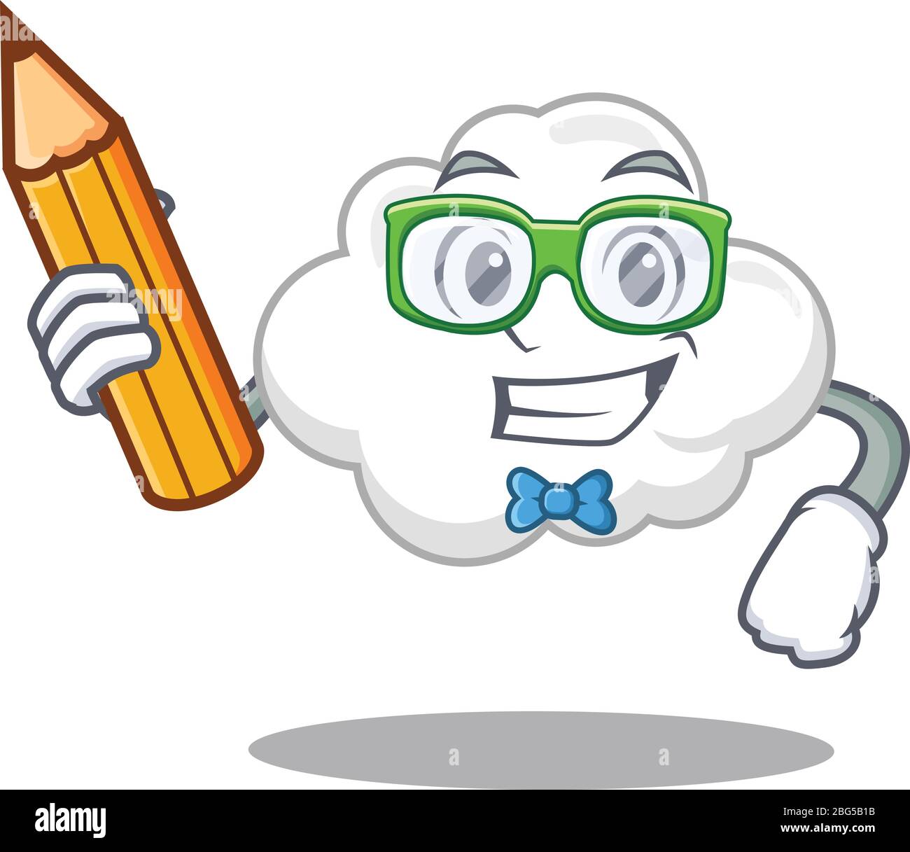 A brainy student white cloud cartoon character with pencil and glasses ...