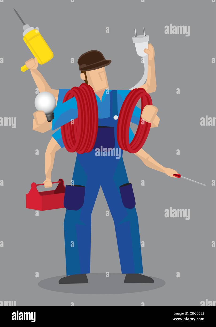 Cartoon character of a super handyman worker with multiple arms with ...