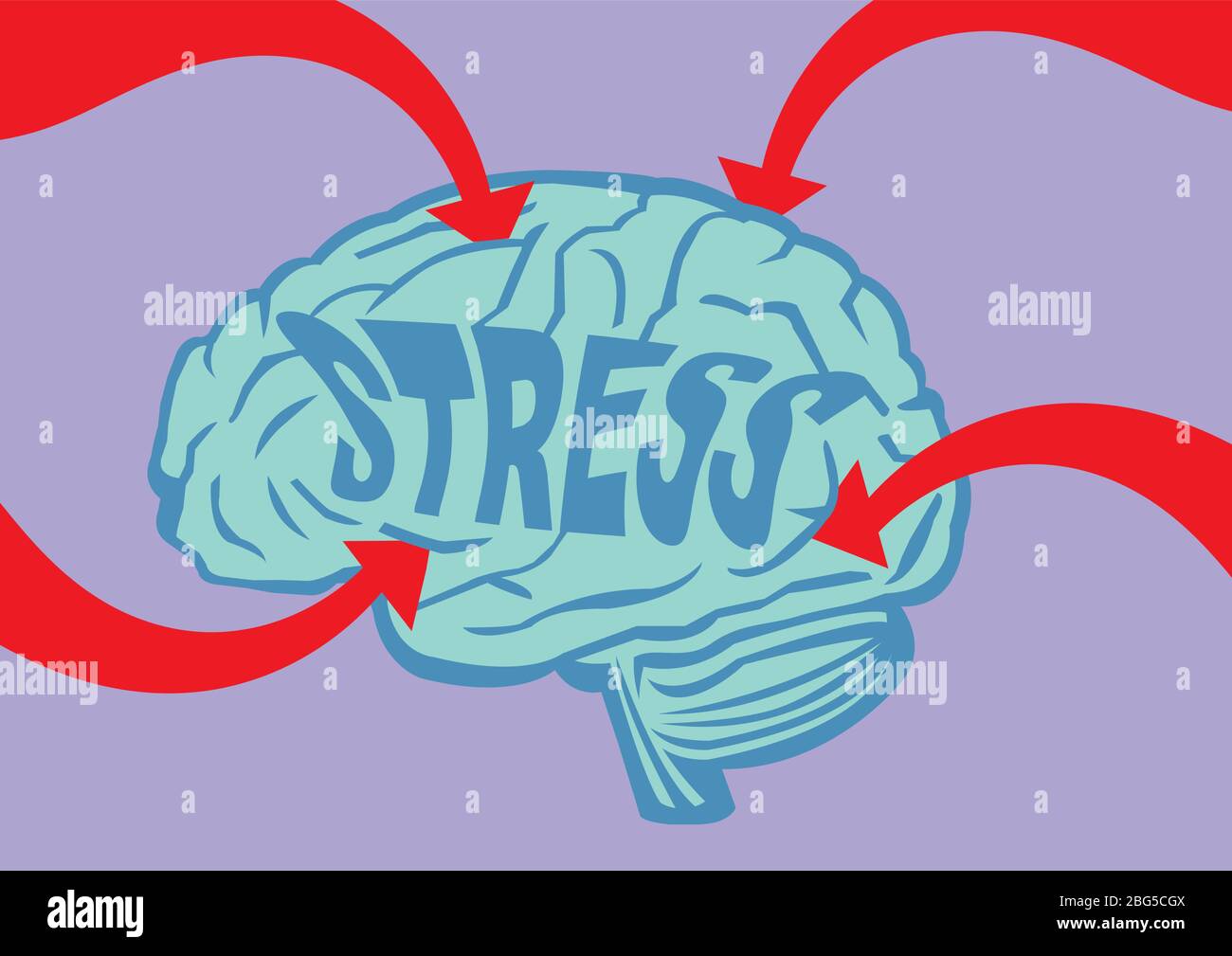 Big bold red arrows piercing into a human brain with text, Stress, on ...